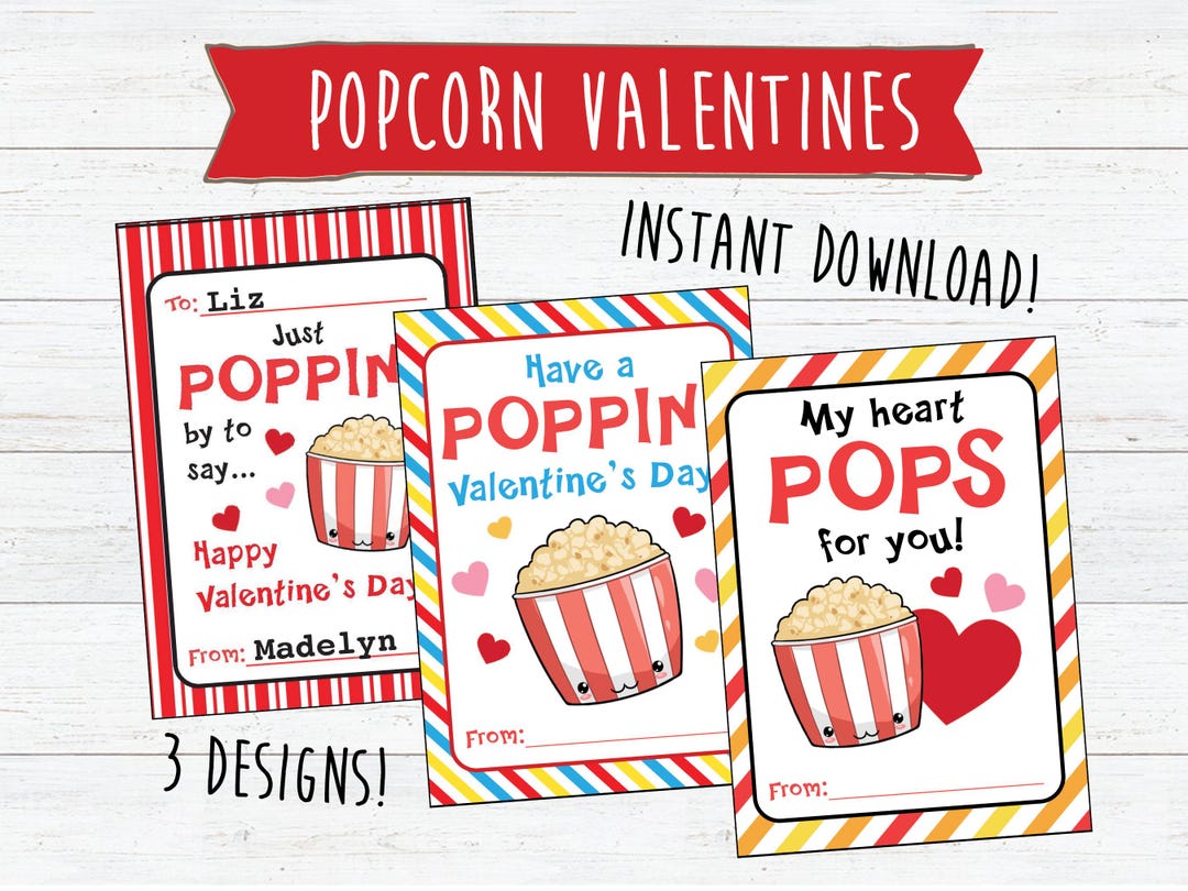 Popcorn Valentine's Day Cards, Printable Valentines, Popcorn Tag ...