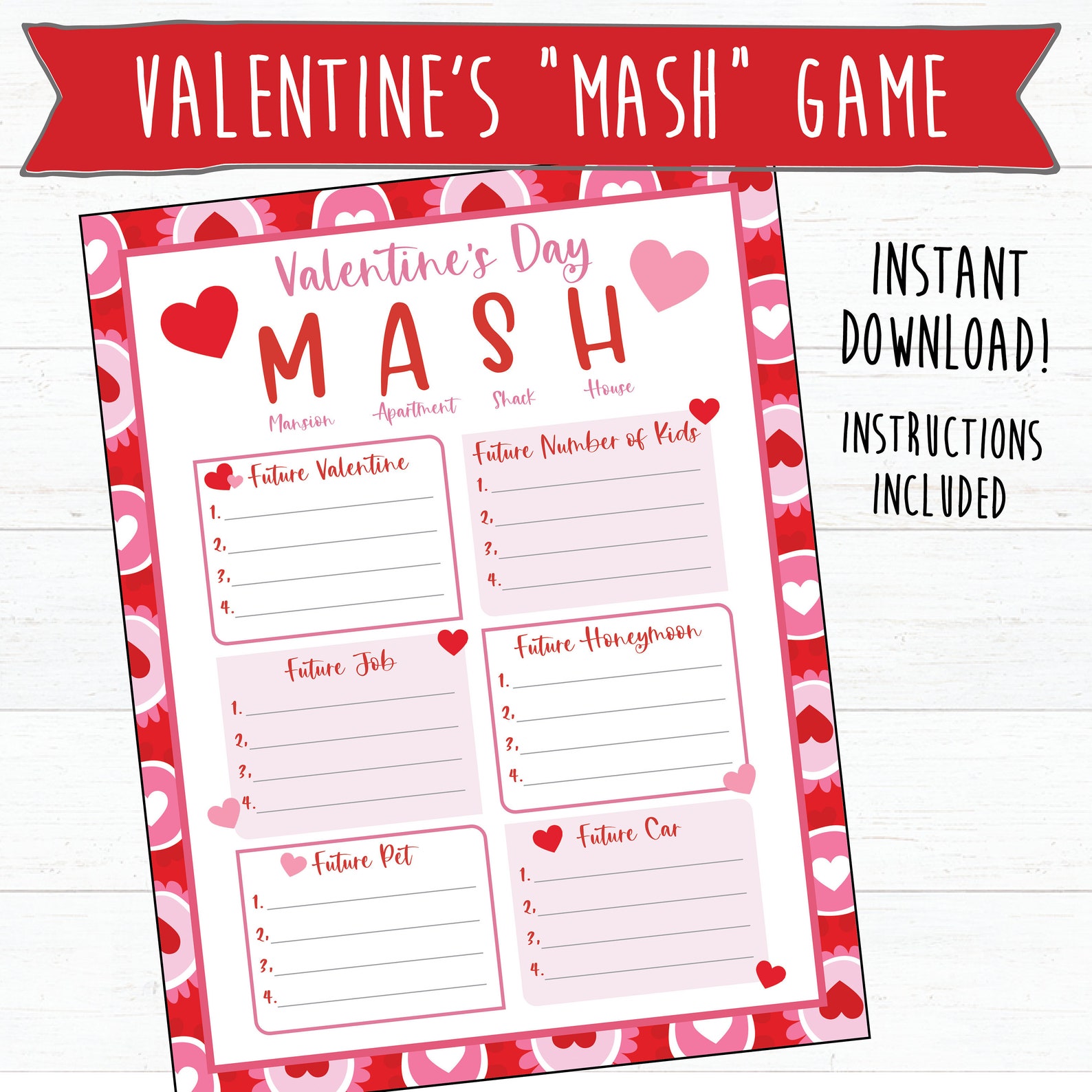 Valentine's MASH Game | Instant Download | Valentine's Games | Slumber ...