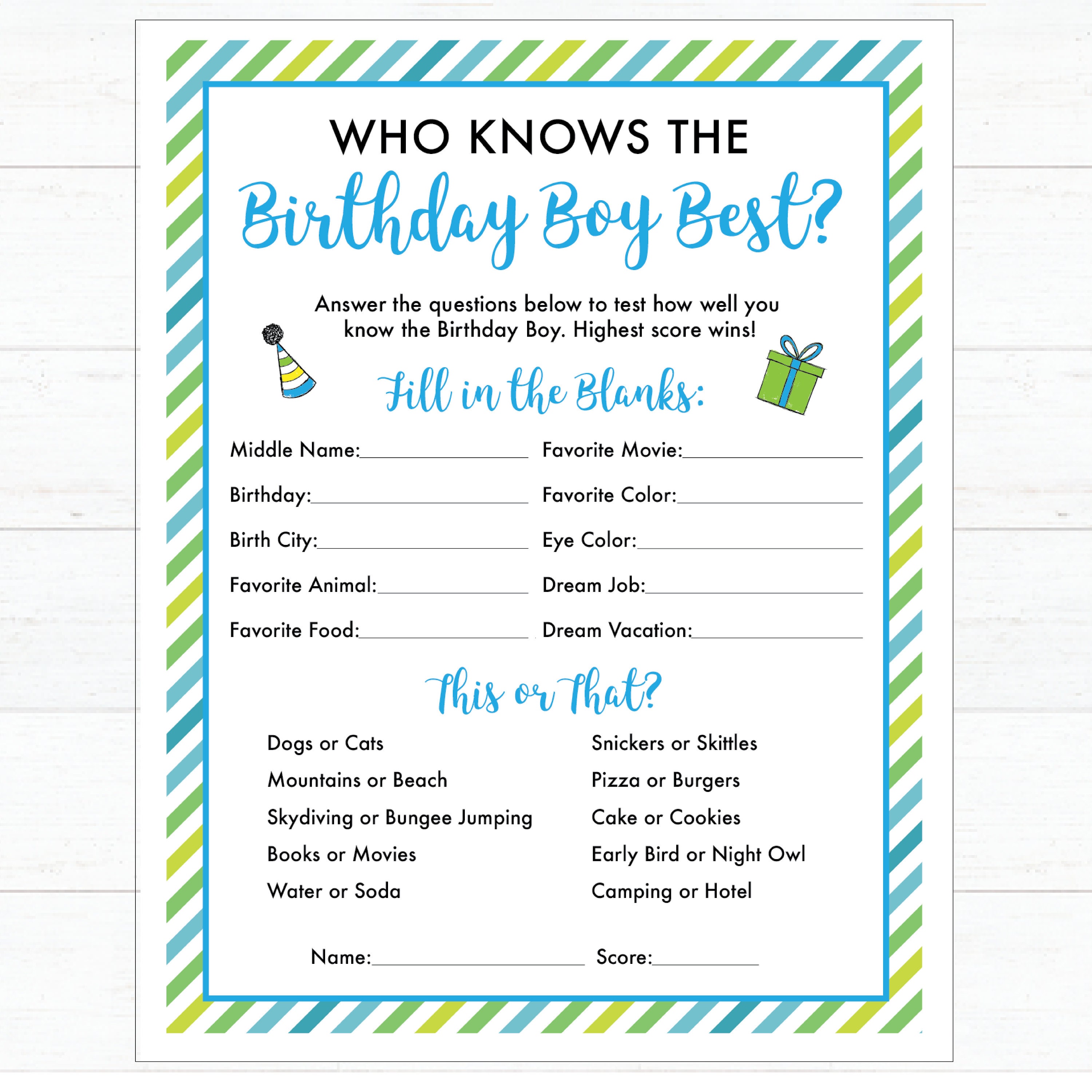 Birthday Party Games Printable | Who Knows the Birthday Boy Best Game ...