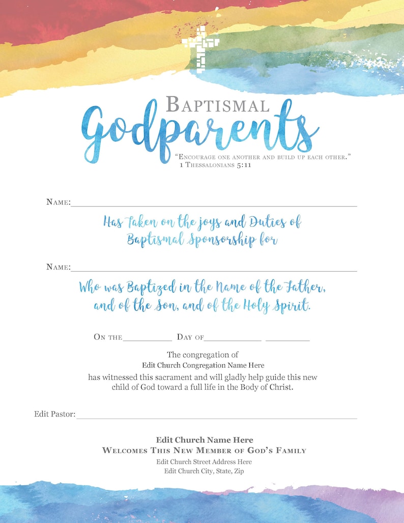 Baptism Godparent Certificate Printable | Rainbow | Instant Download ...