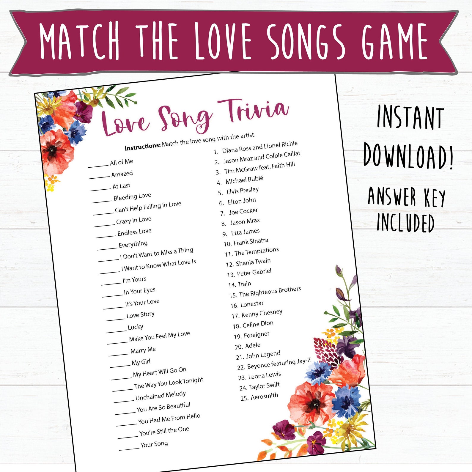 Love Songs Matching Game | Instant Download | Love Song Trivia | Bridal ...