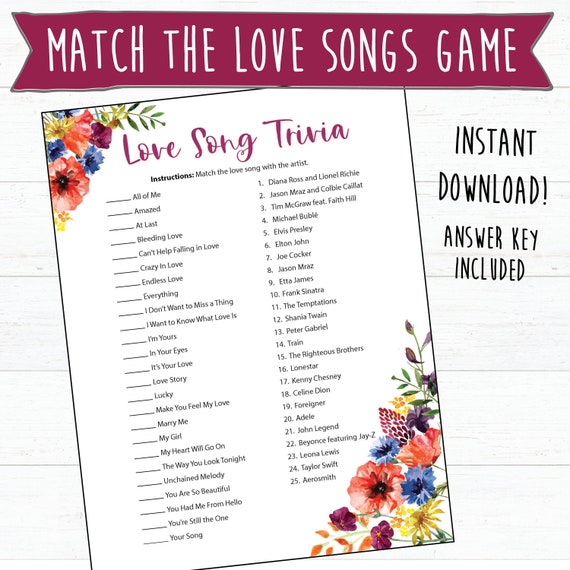 Love Songs Matching Game Instant Download Love Song Trivia - Etsy