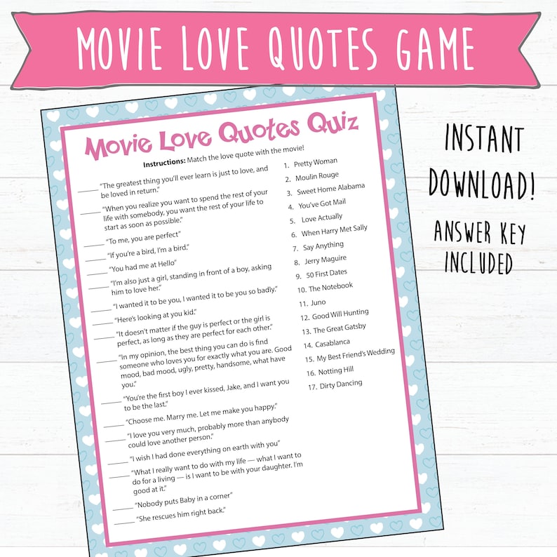 Movie Love Quotes Trivia Game | Instant Download | Romantic Movie ...
