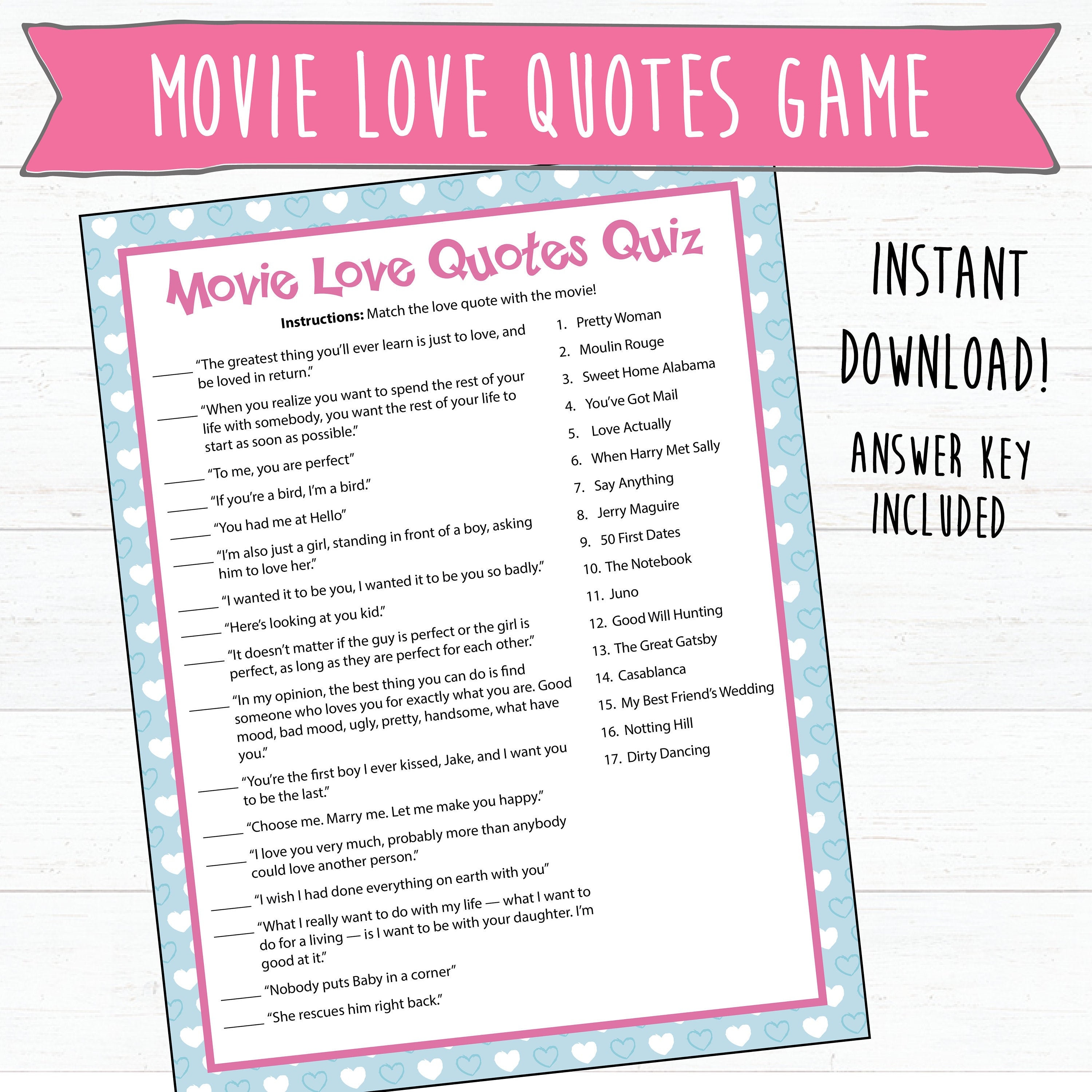 Movie Love Quotes Trivia Game | Instant Download | Romantic Movie ...
