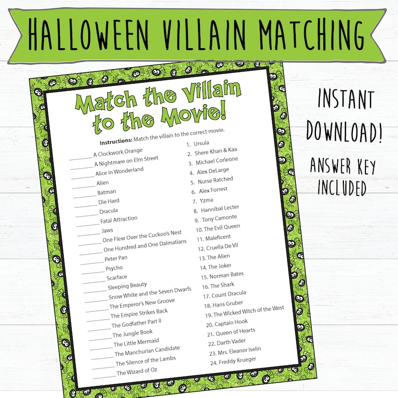 Movie Villain Matching Game | Halloween Party Games | Halloween Trivia ...
