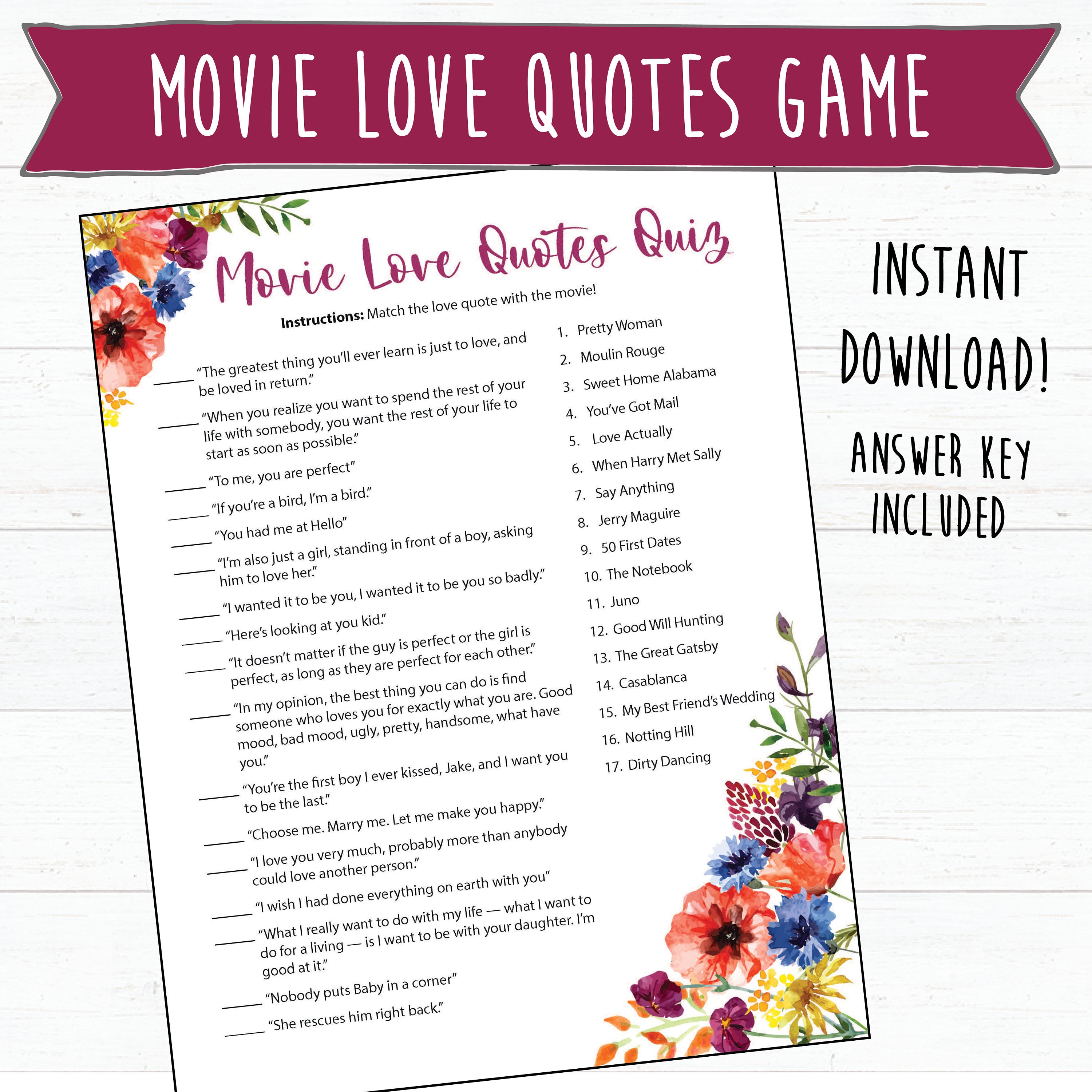 Movie Love Quotes Trivia Game | Instant Download | Romantic Movie ...