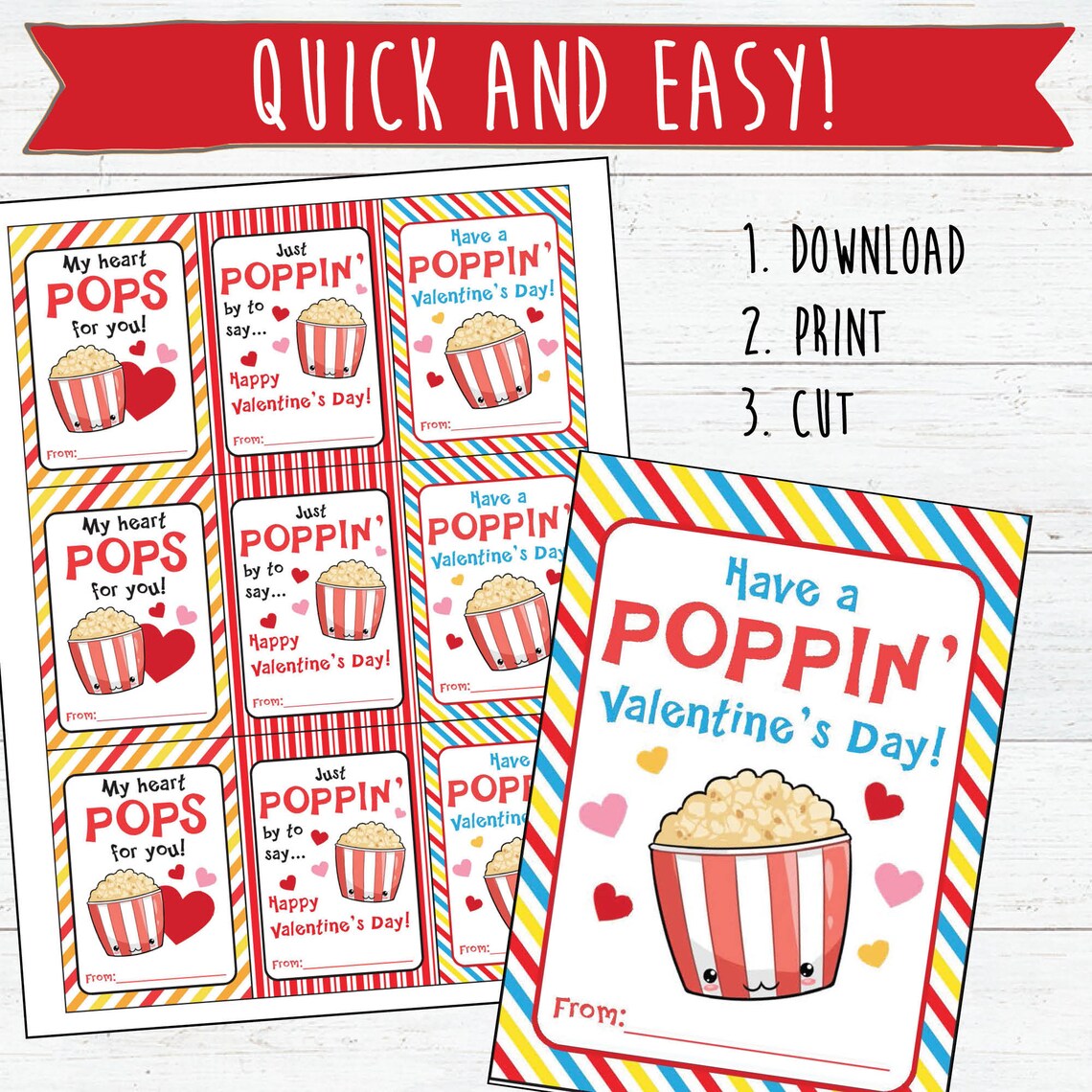 Popcorn Valentine's Day Cards, Printable Valentines, Popcorn Tag ...
