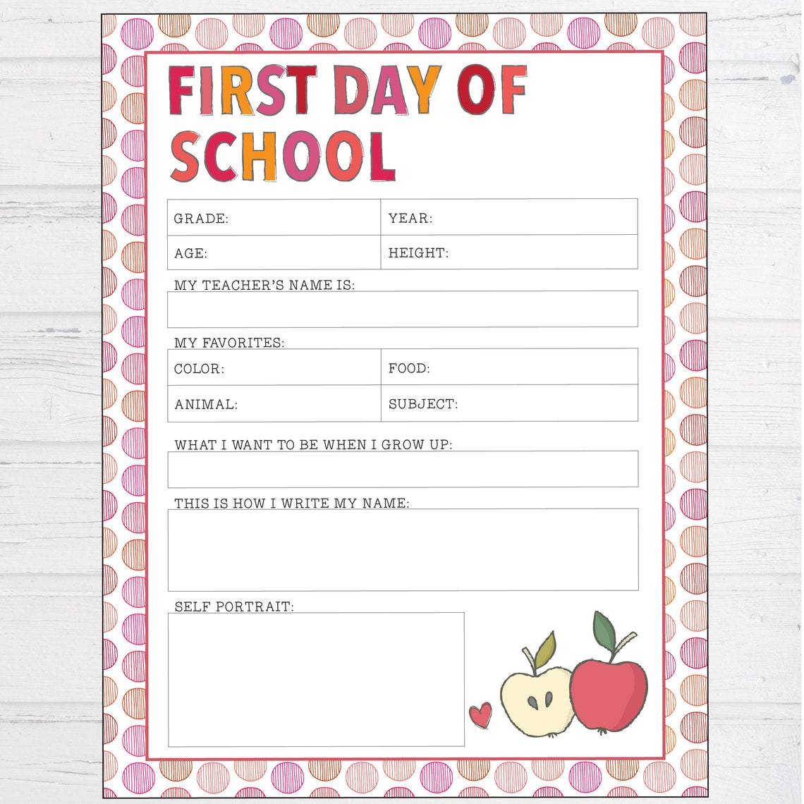 First Day of School Questionnaire | INSTANT Download | Worksheet | Back ...