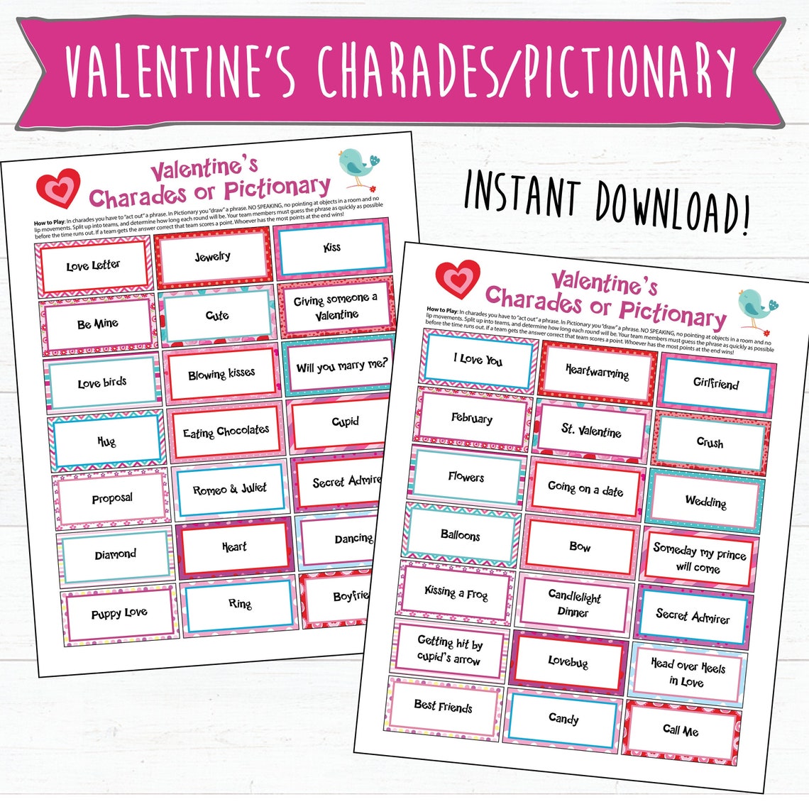 Valentine's Charades Game Valentine's Pictionary INSTANT Download ...