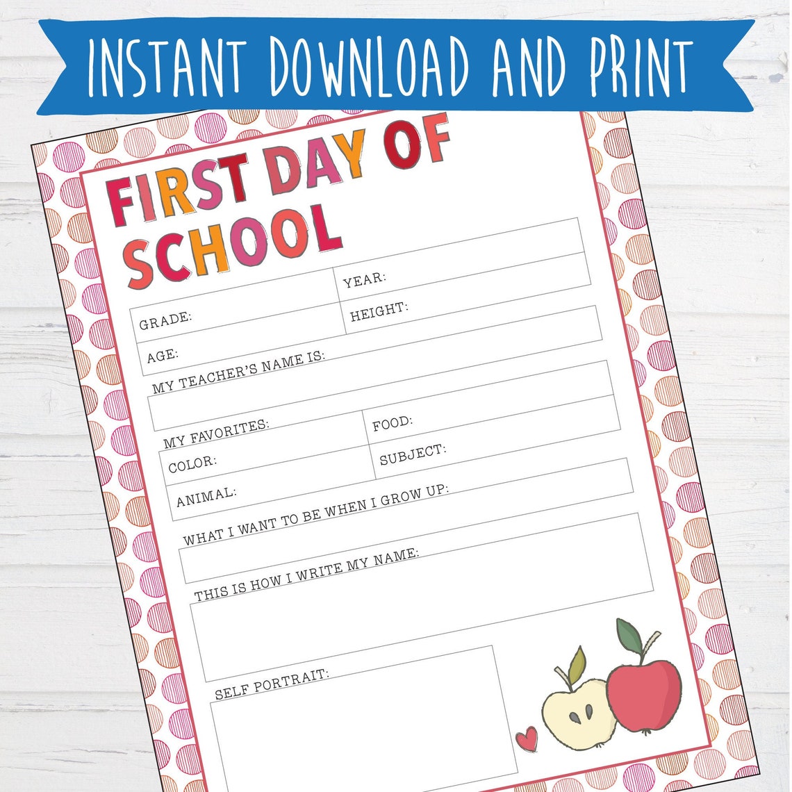 First Day of School Questionnaire | INSTANT Download | Worksheet | Back ...