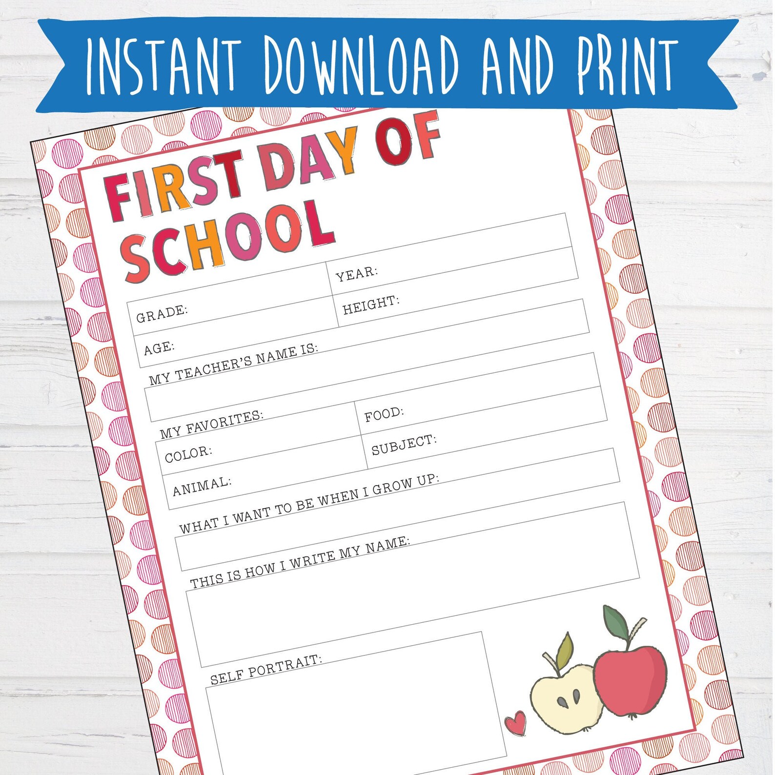 First Day of School Questionnaire | INSTANT Download | Worksheet | Back ...