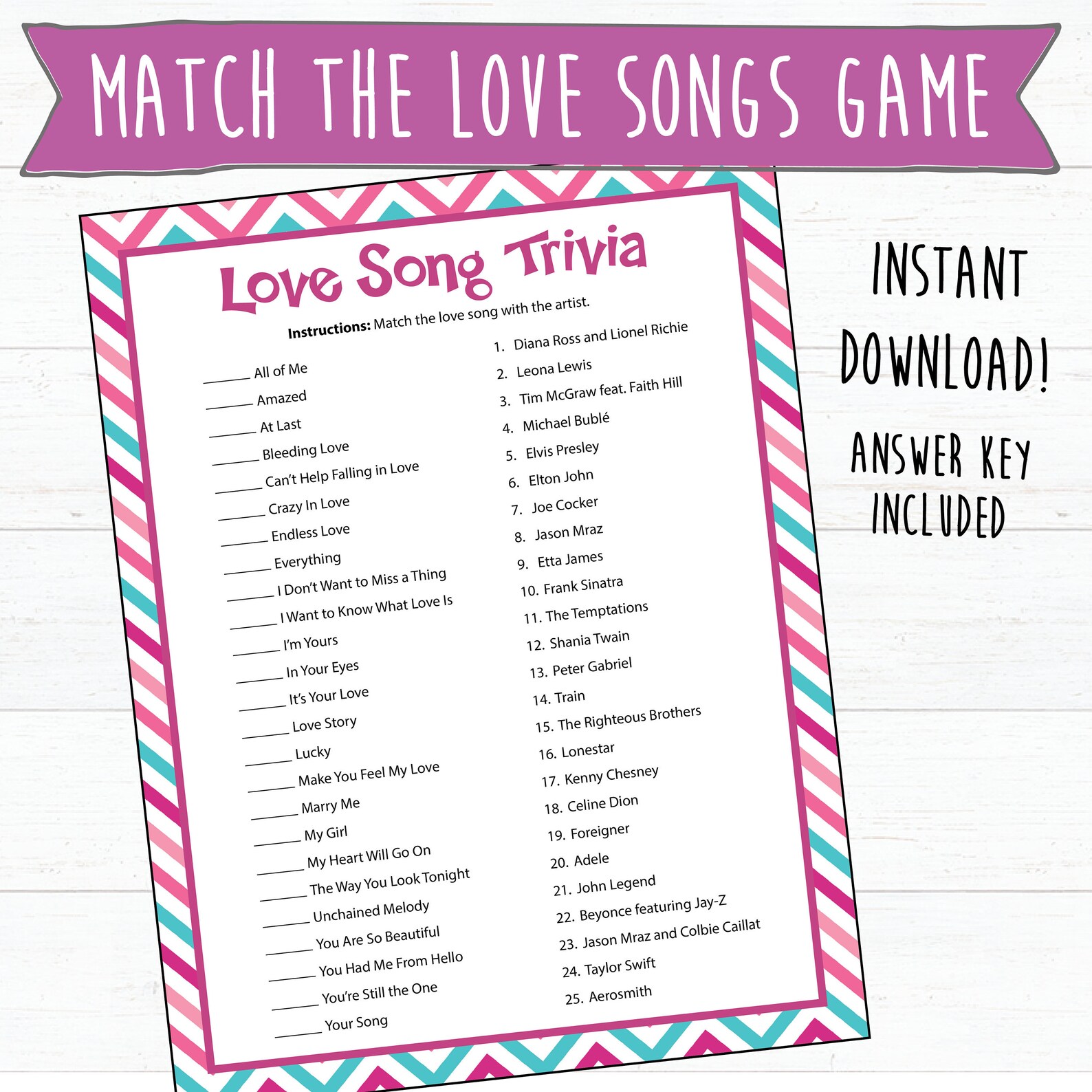 Love Songs Matching Game | Instant Download | Love Song Trivia ...