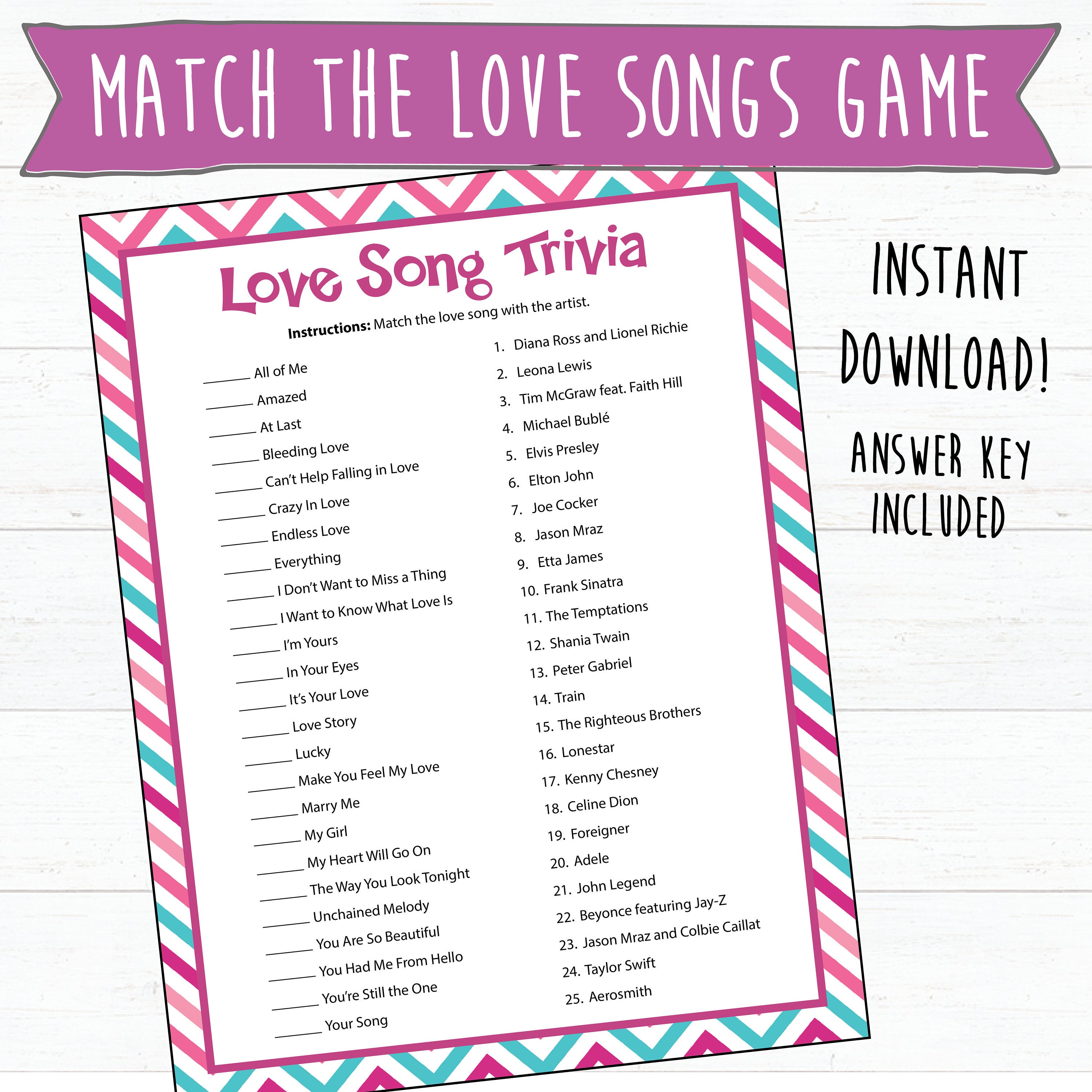 Love Songs Matching Game | Instant Download | Love Song Trivia ...