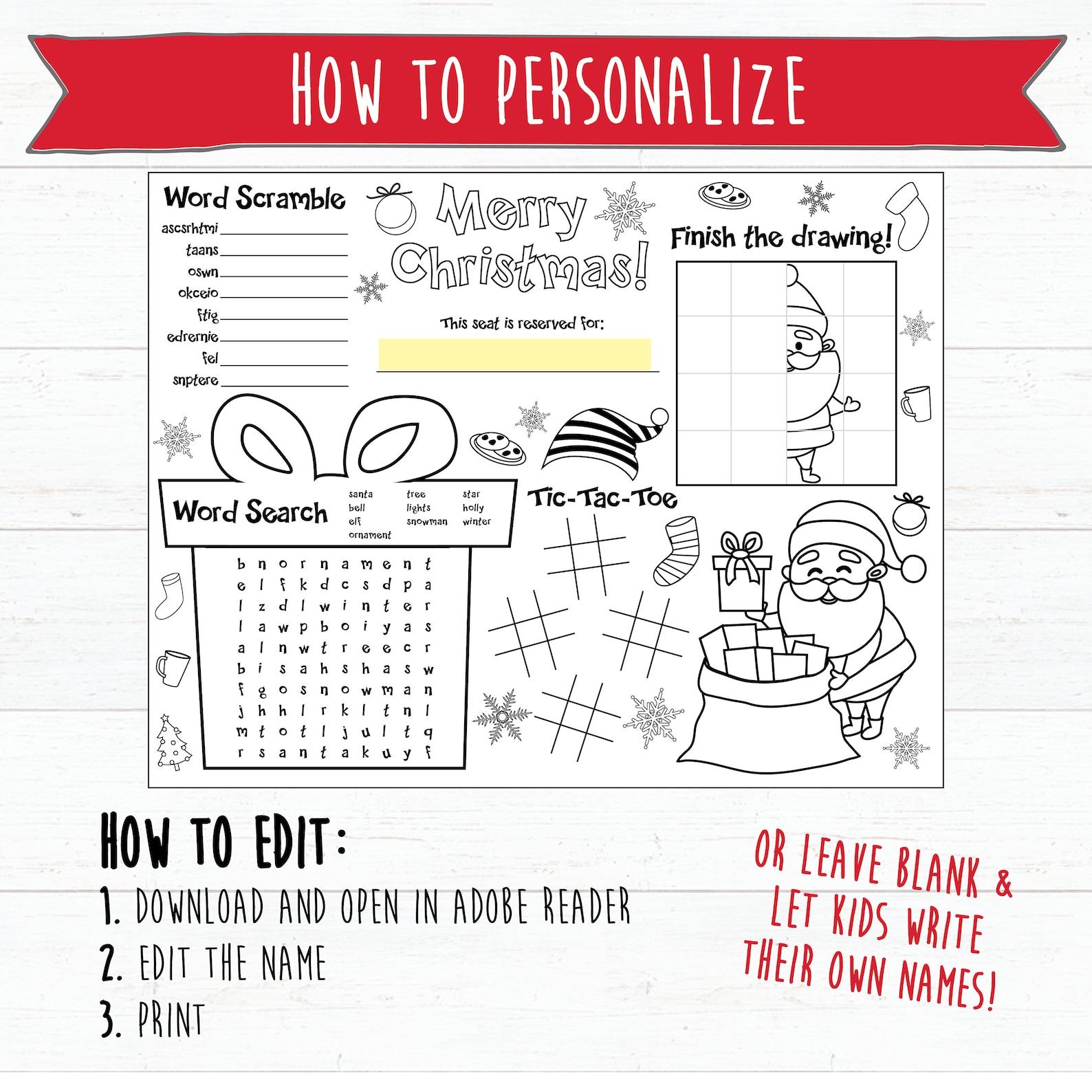 Kids Coloring Christmas Placemat | Christmas Activity Coloring Page ...