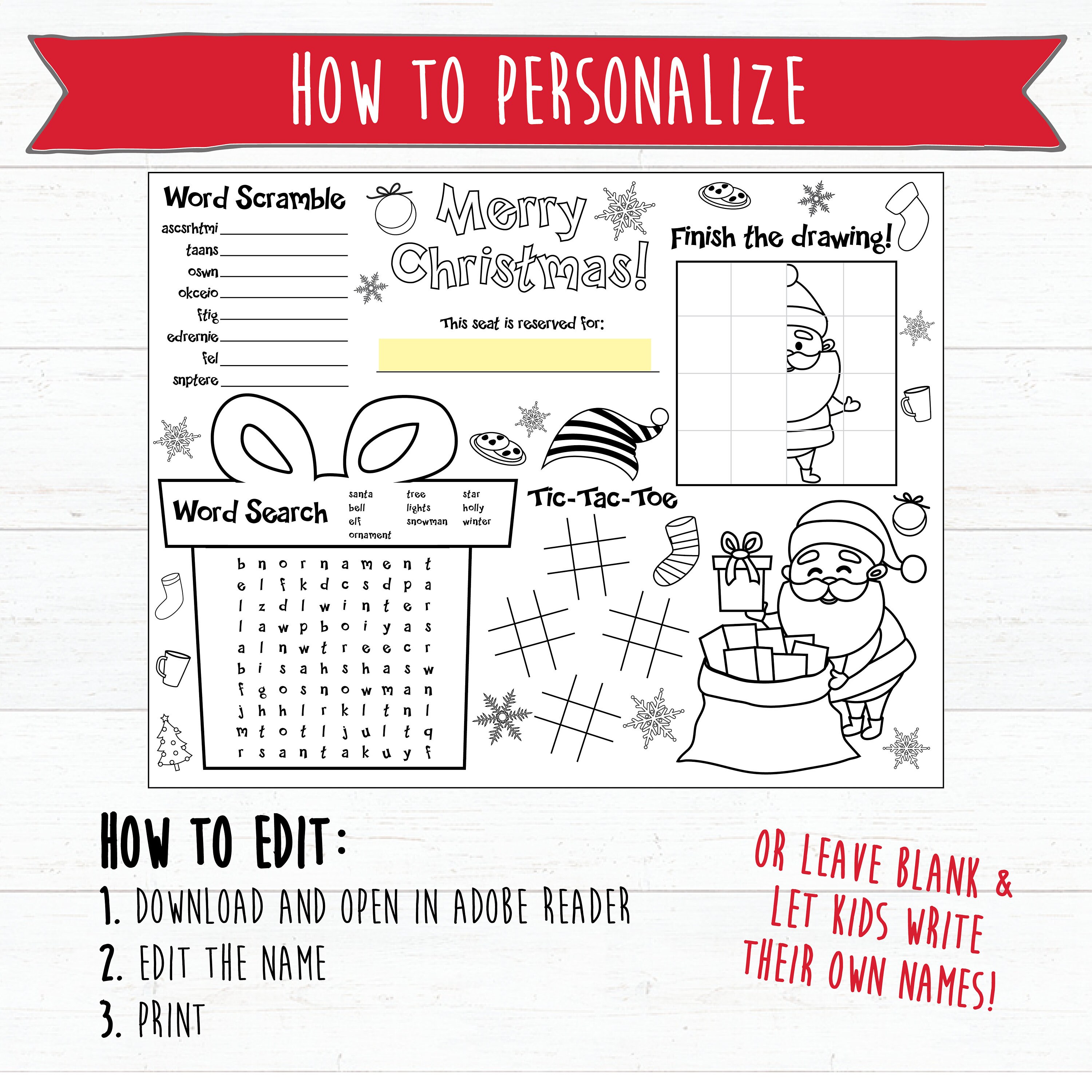 Kids Coloring Christmas Placemat | Christmas Activity Coloring Page ...