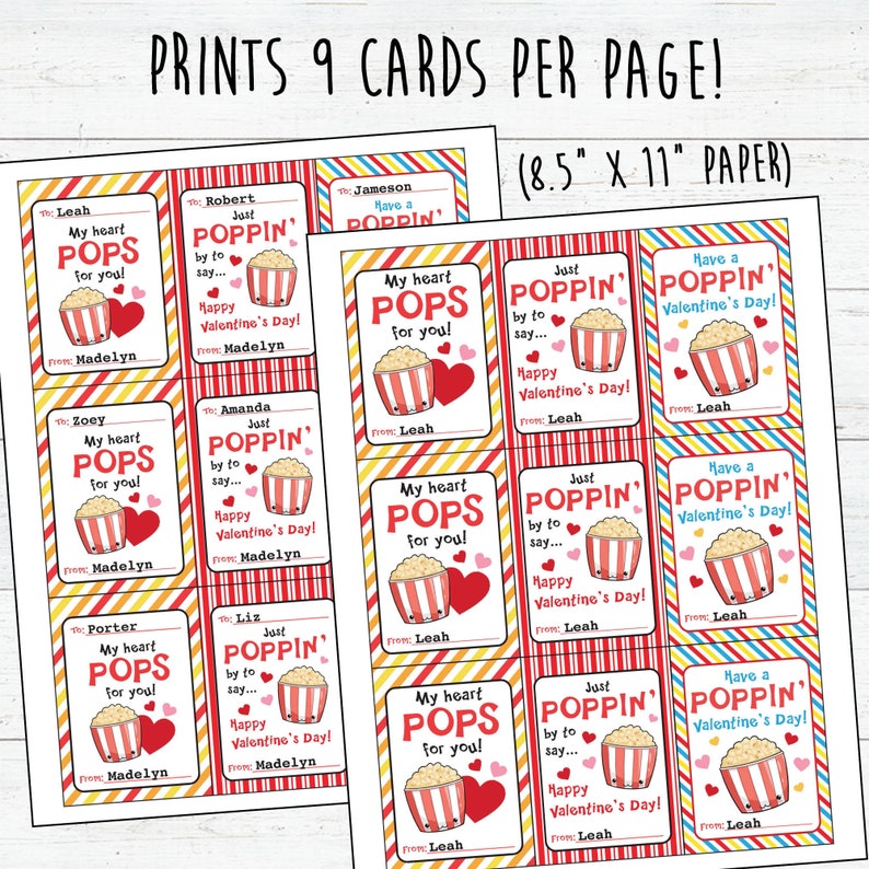 Popcorn Valentine's Day Cards, Printable Valentines, Popcorn Tag ...
