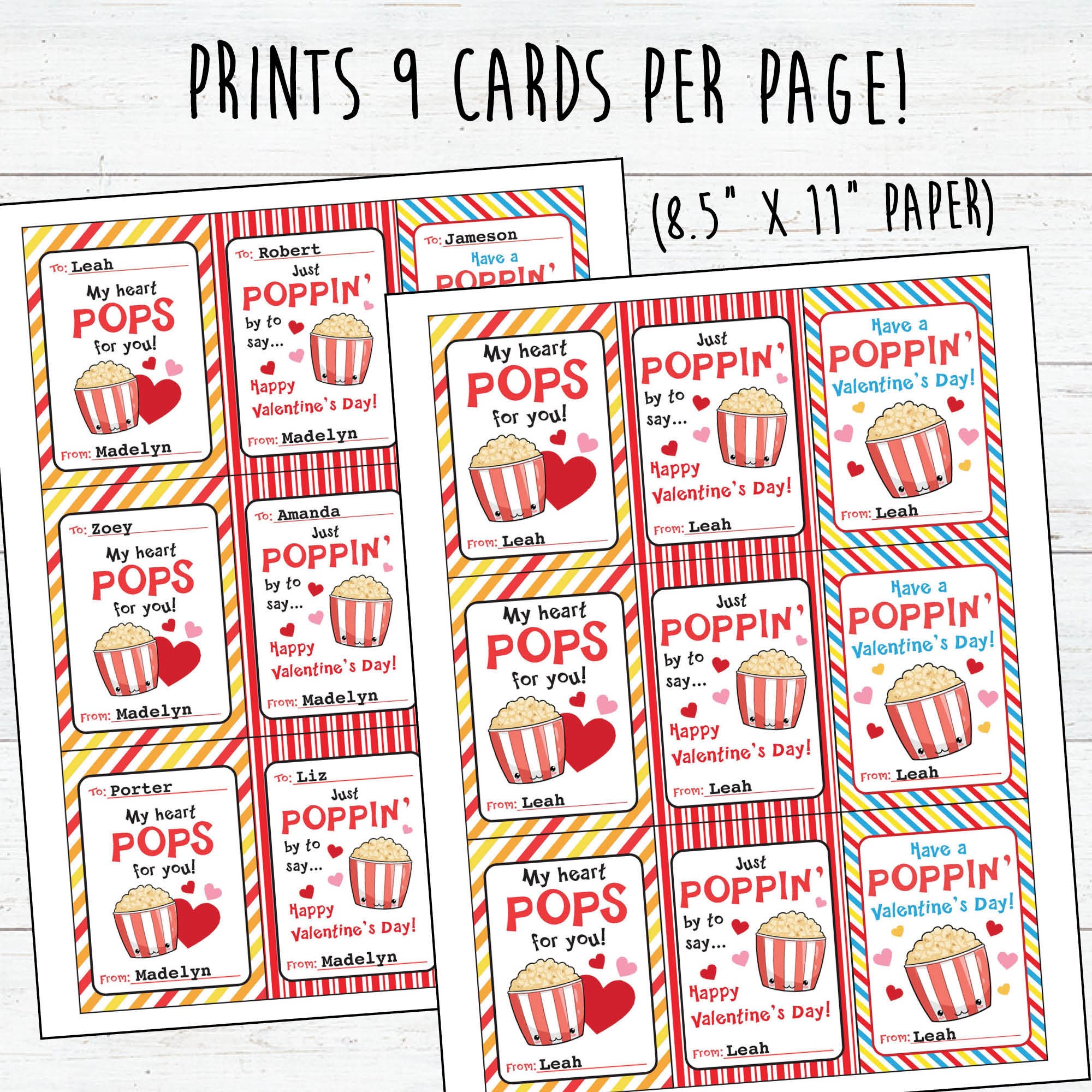 Popcorn Valentine's Day Cards, Printable Valentines, Popcorn Tag ...