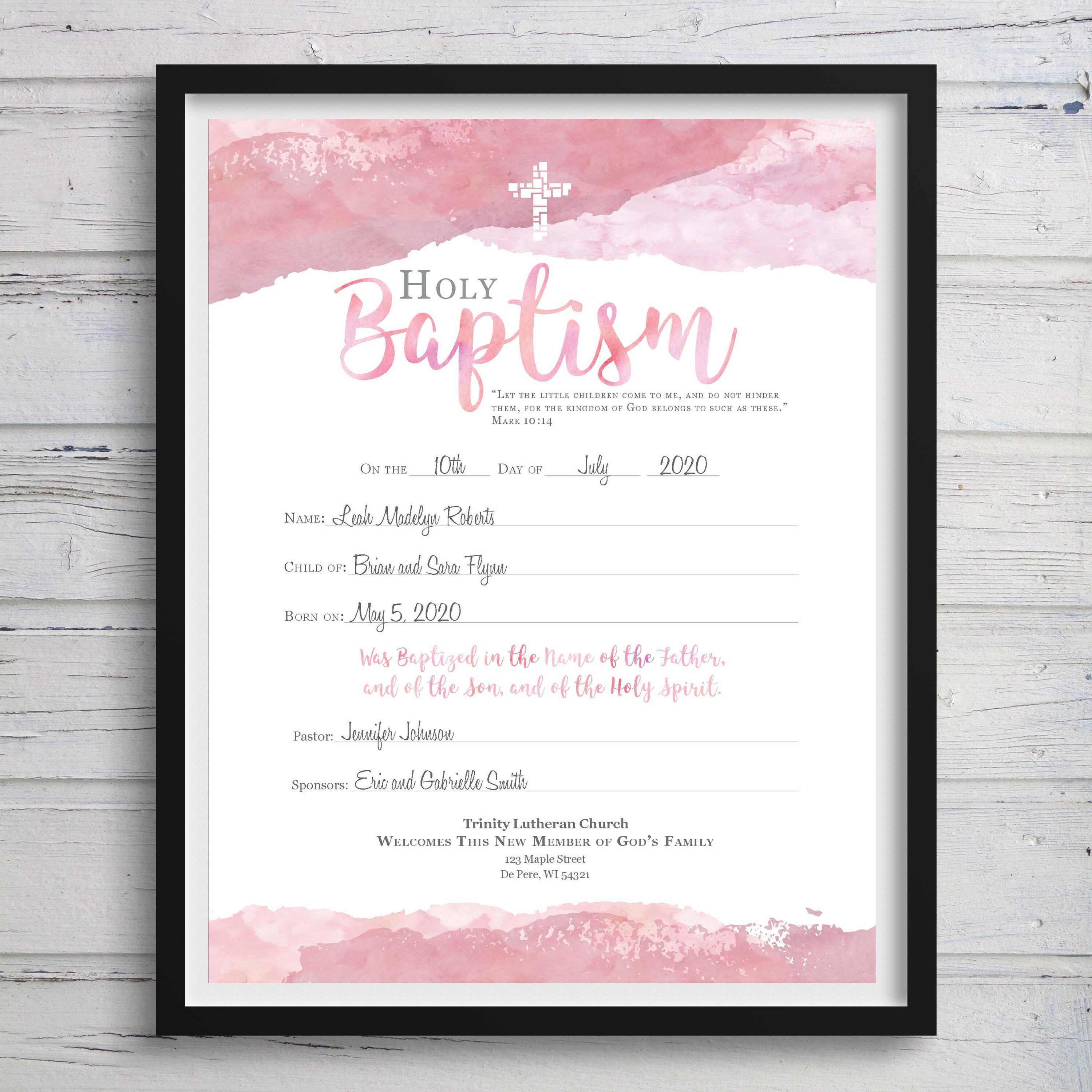 Pink Baptism Certificate | Instant Download | Edit and Print | Church ...
