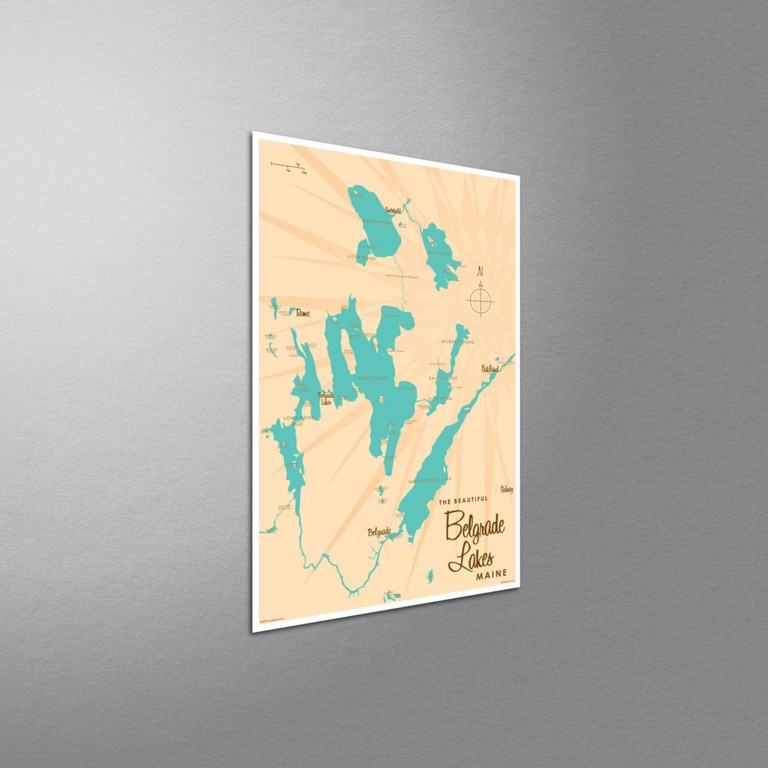 Belgrade Lakes Maine Map Giclee Art Print Poster From Illustration by ...