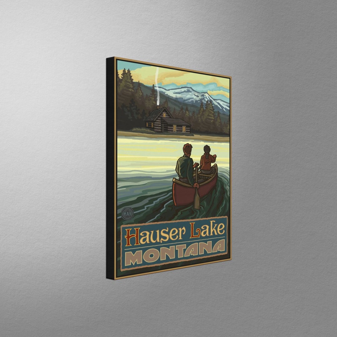 Hauser Lake Montana Lake Canoers Mountains Stretch Canvas - Etsy