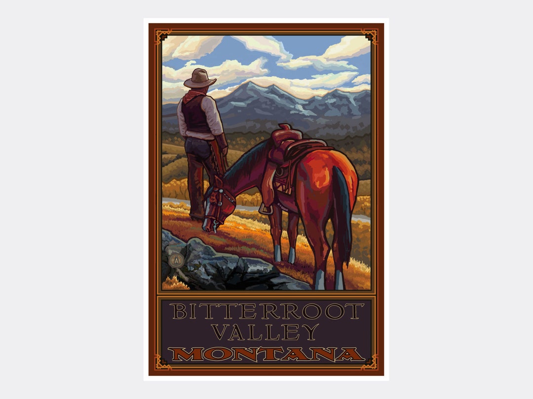 Bitterroot Valley Montana Cowboy on Range Giclee Art Print Poster From ...