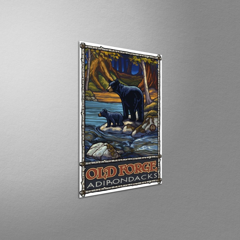 Old Forge Adirondacks Art Print: New York Bears in Stream Travel Poster ...