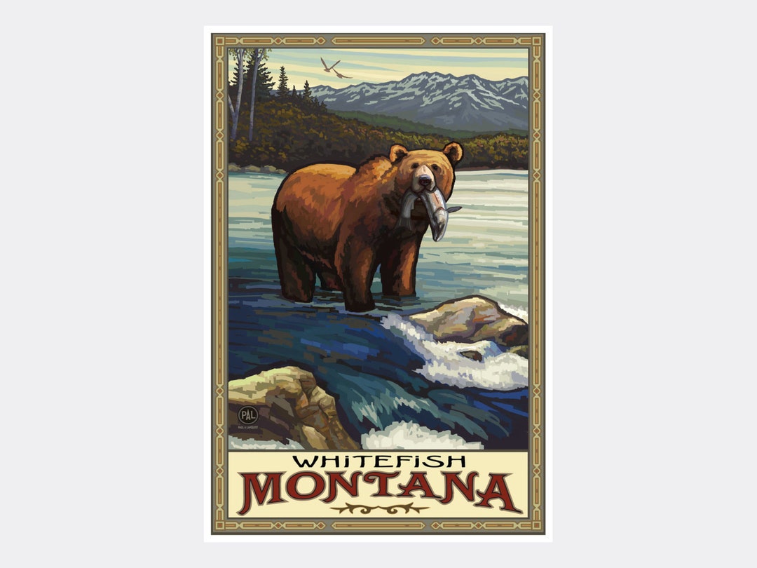 Whitefish Montana Grizzly With Fish Giclee Art Print Poster From Travel ...