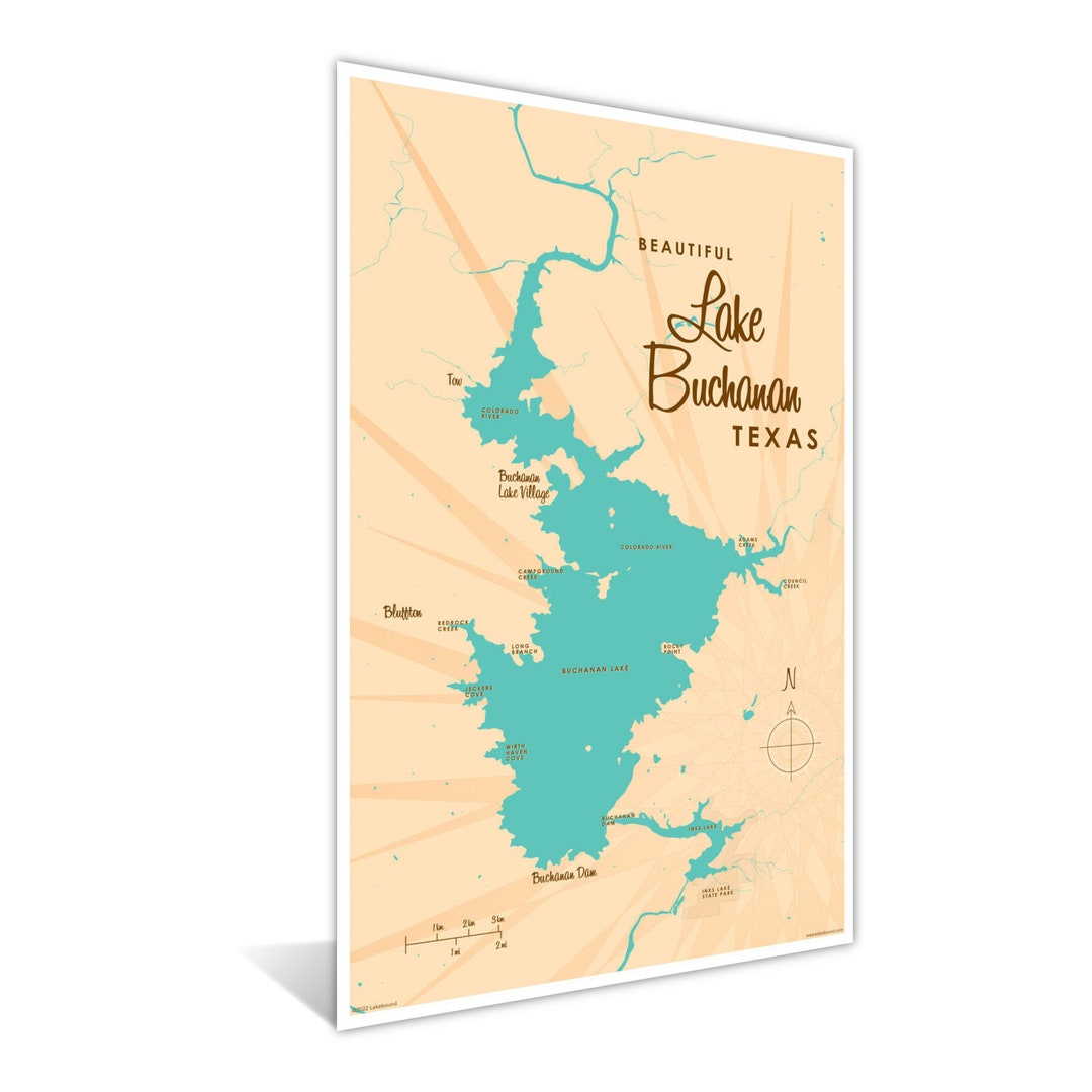 Lake Buchanan Texas Map Giclee Art Print Poster From Illustration by ...