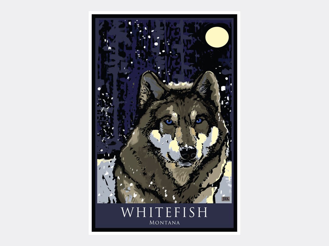 Whitefish Montana Timber Wolf Giclee Art Print Poster From Illustration ...