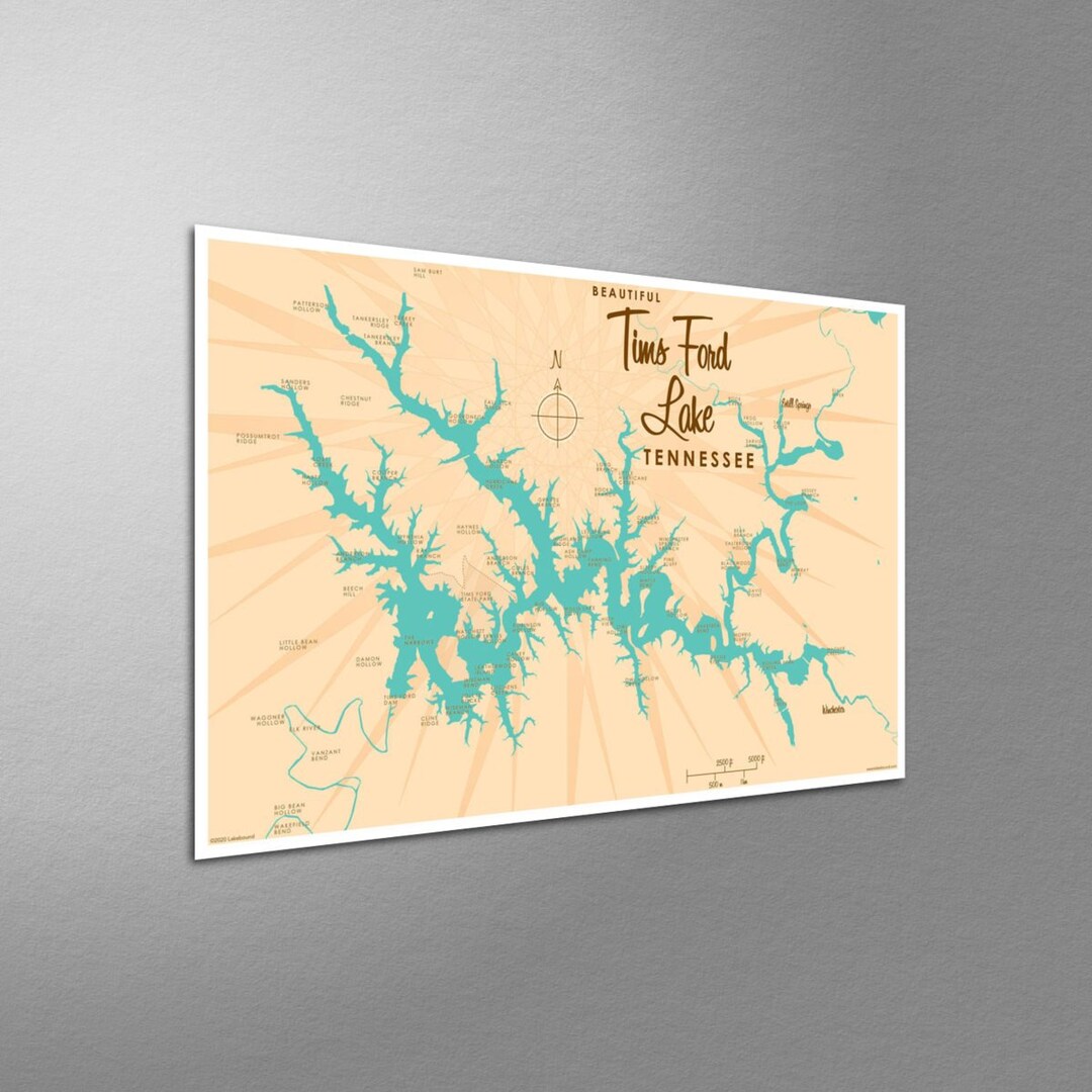 Tims Ford Lake Tennessee Map Giclee Art Print Poster From Illustration ...