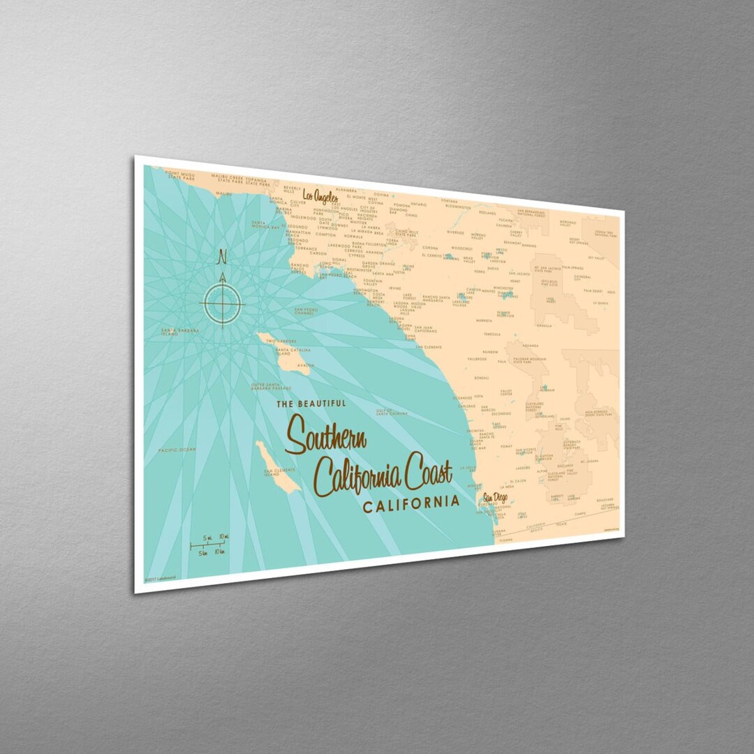 Southern CA Coast Map Giclee Art Print Poster From Illustration by ...