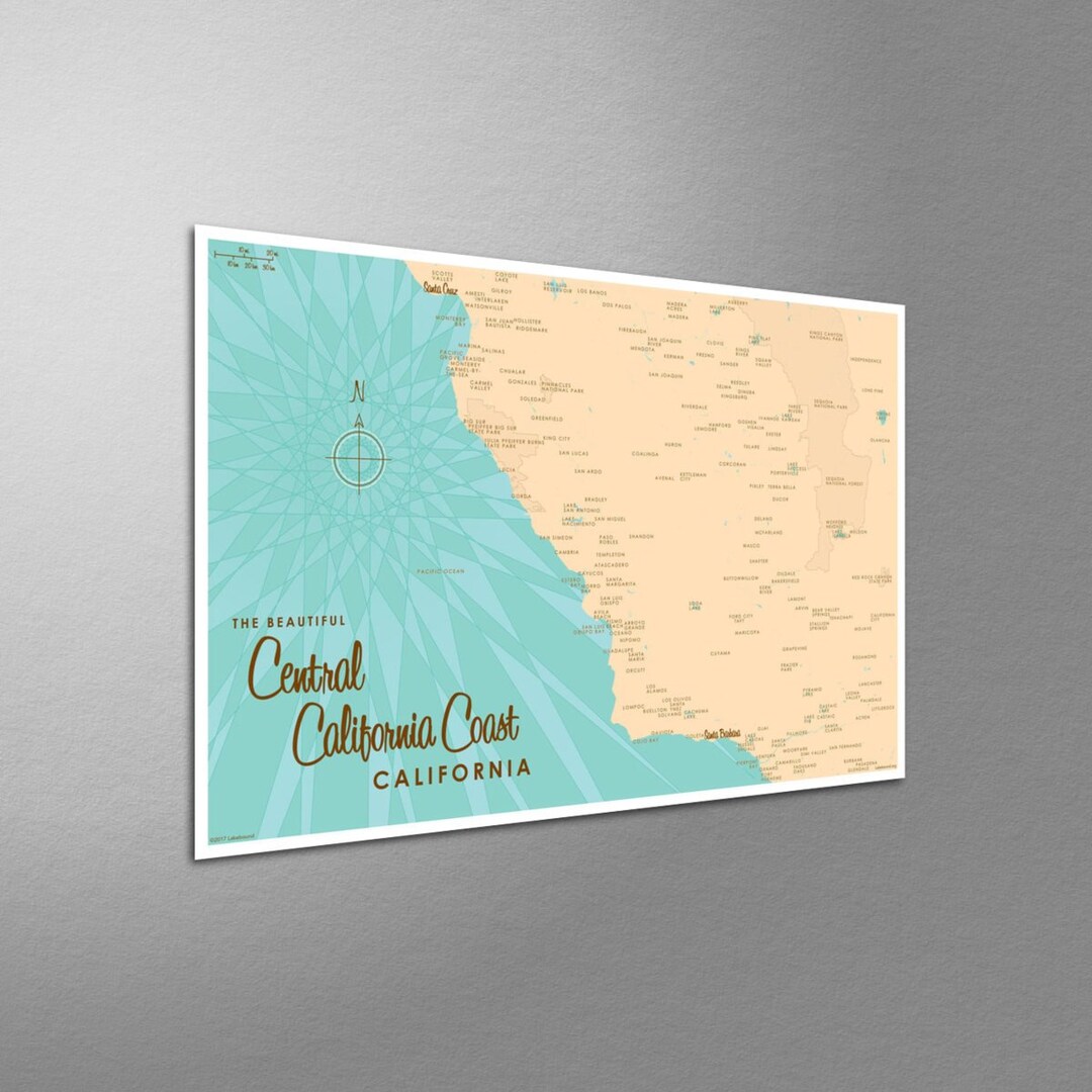 Central Ca Coast Map Giclee Art Print Poster From Illustration By Lakebound Etsy