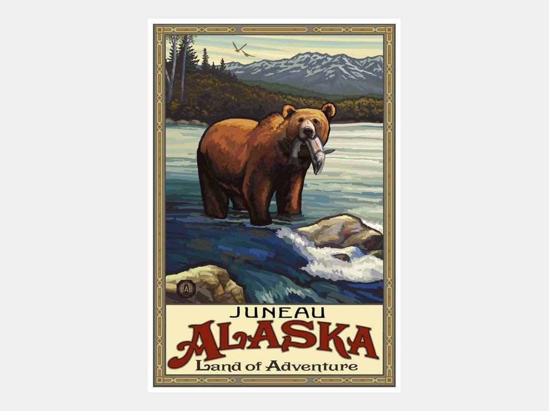 Juneau Alaska Grizzly Bear With Fish Vintage Travel Poster Art Print - Etsy