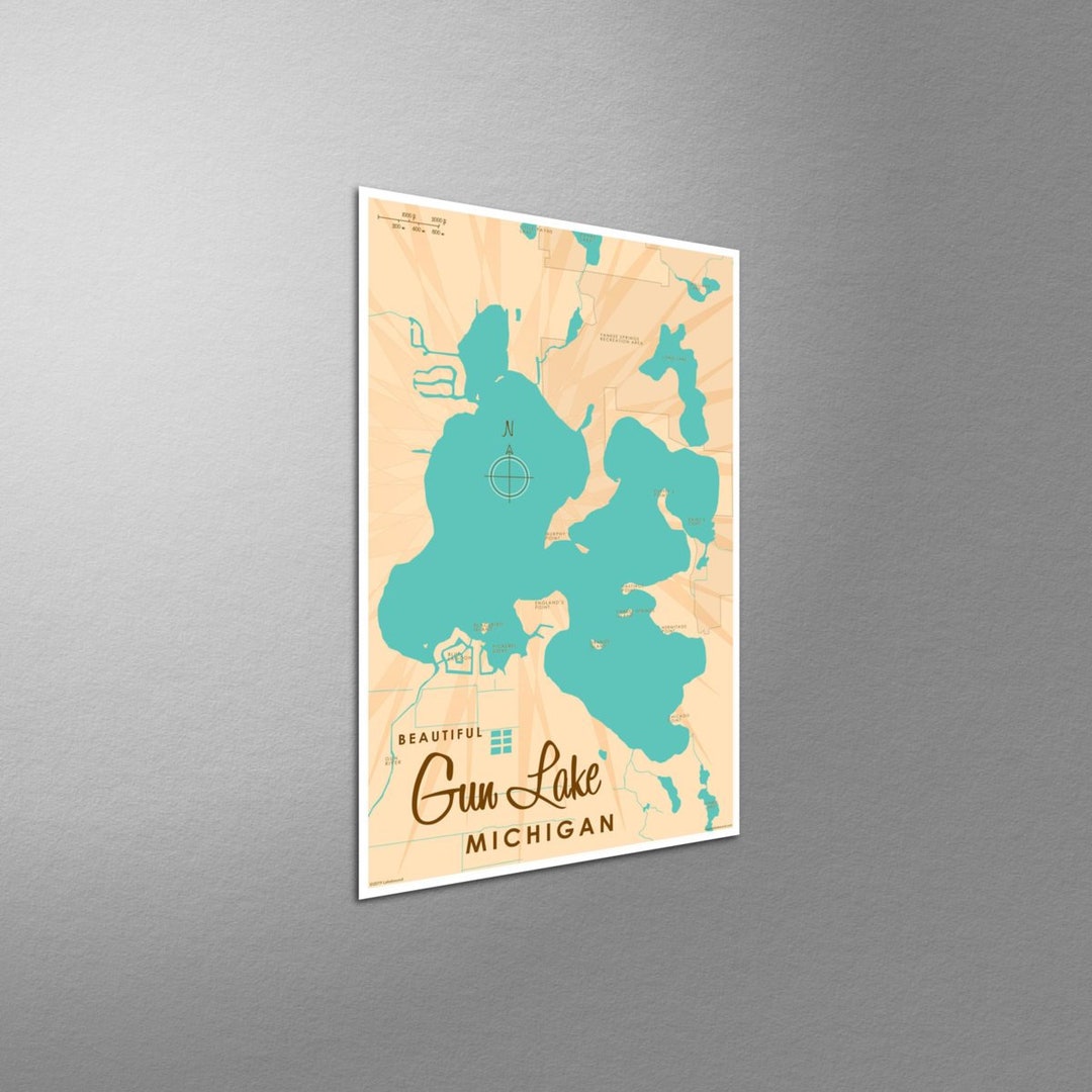 Gun Lake Michigan Map Giclee Art Print Poster From Illustration by ...