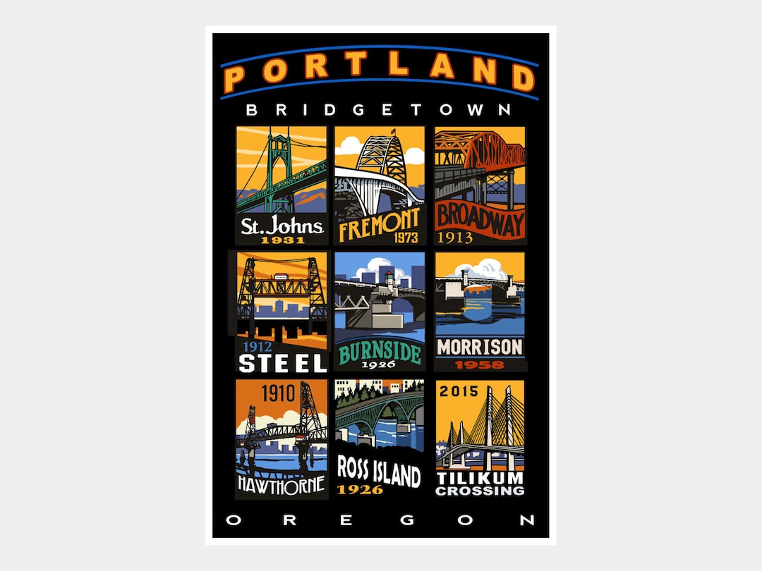 Portland Bridges Art Print: Oregon Travel Poster by Paul A. Lanquist - Etsy