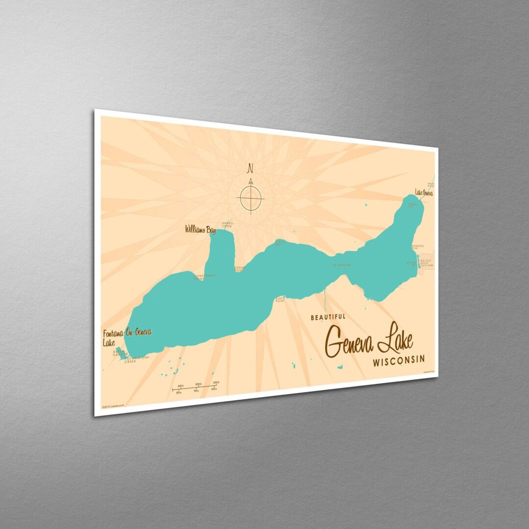 Geneva Lake Wisconsin Map Giclee Art Print Poster From Illustration By Lakebound Etsy