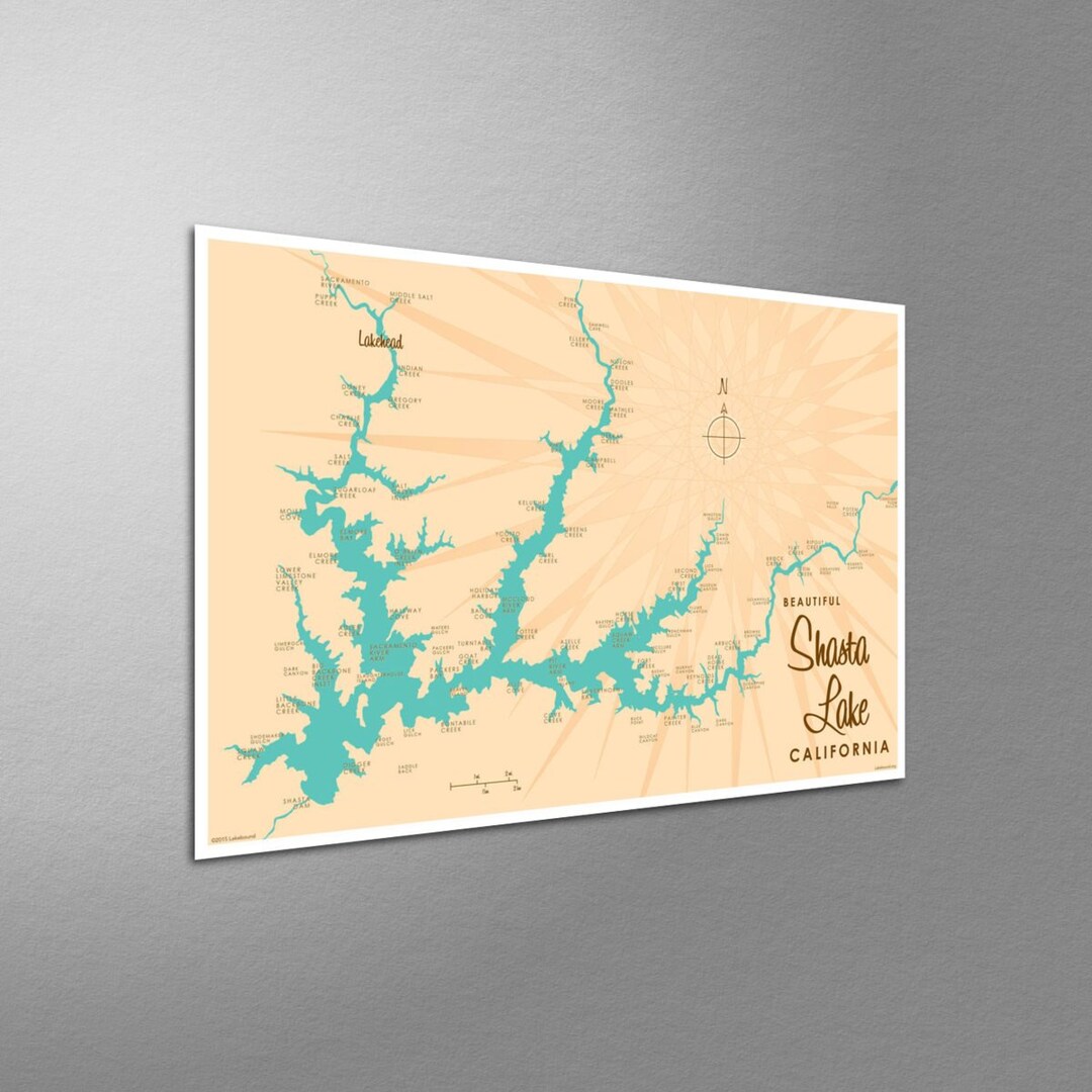 Shasta Lake California Map Giclee Art Print Poster From Illustration by ...