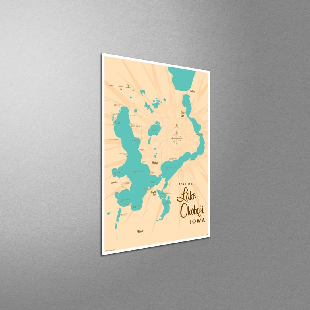 Lake Okoboji Iowa Map Giclee Art Print Poster From Illustration by ...