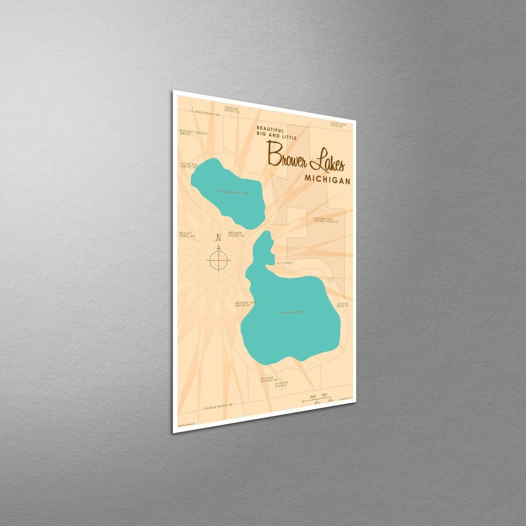 Big and Little Brower Lakes Michigan Map Giclee Art Print Poster From ...