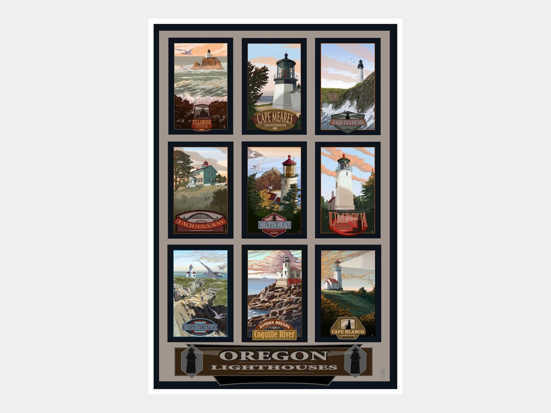 Oregon Lighthouse Collage Giclee Art Print Poster From Painting by ...