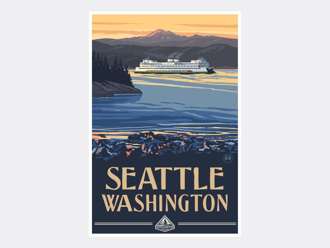 Seattle Washington Ferry Giclee Art Print Poster From Travel Artwork by ...