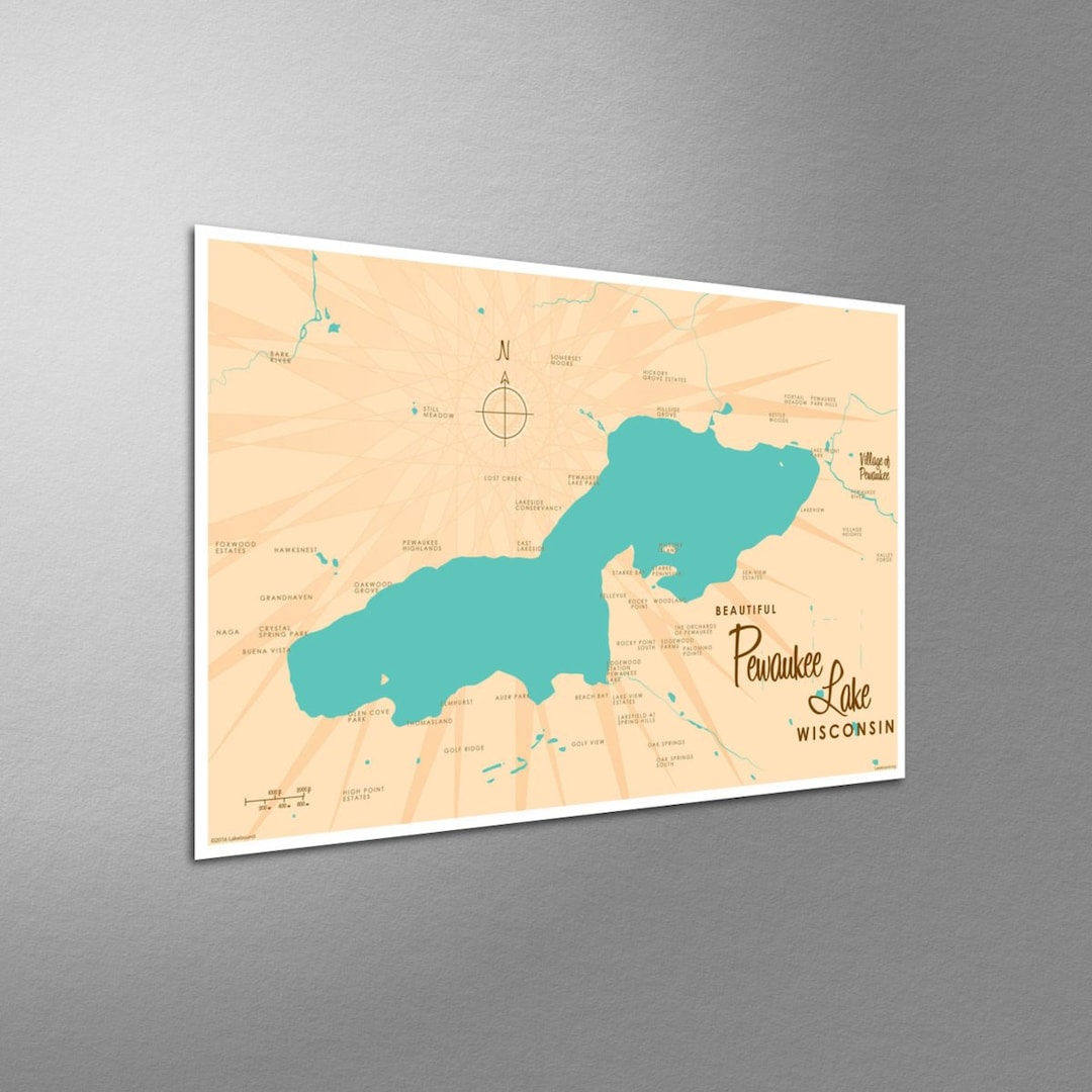 Pewaukee Lake Wisconsin Map Giclee Art Print Poster From Illustration ...