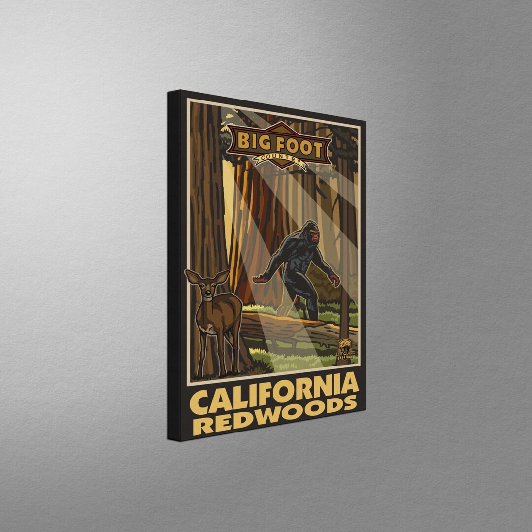 California Redwoods Bigfoot Art: Travel Poster Canvas, Pillow, Blanket ...