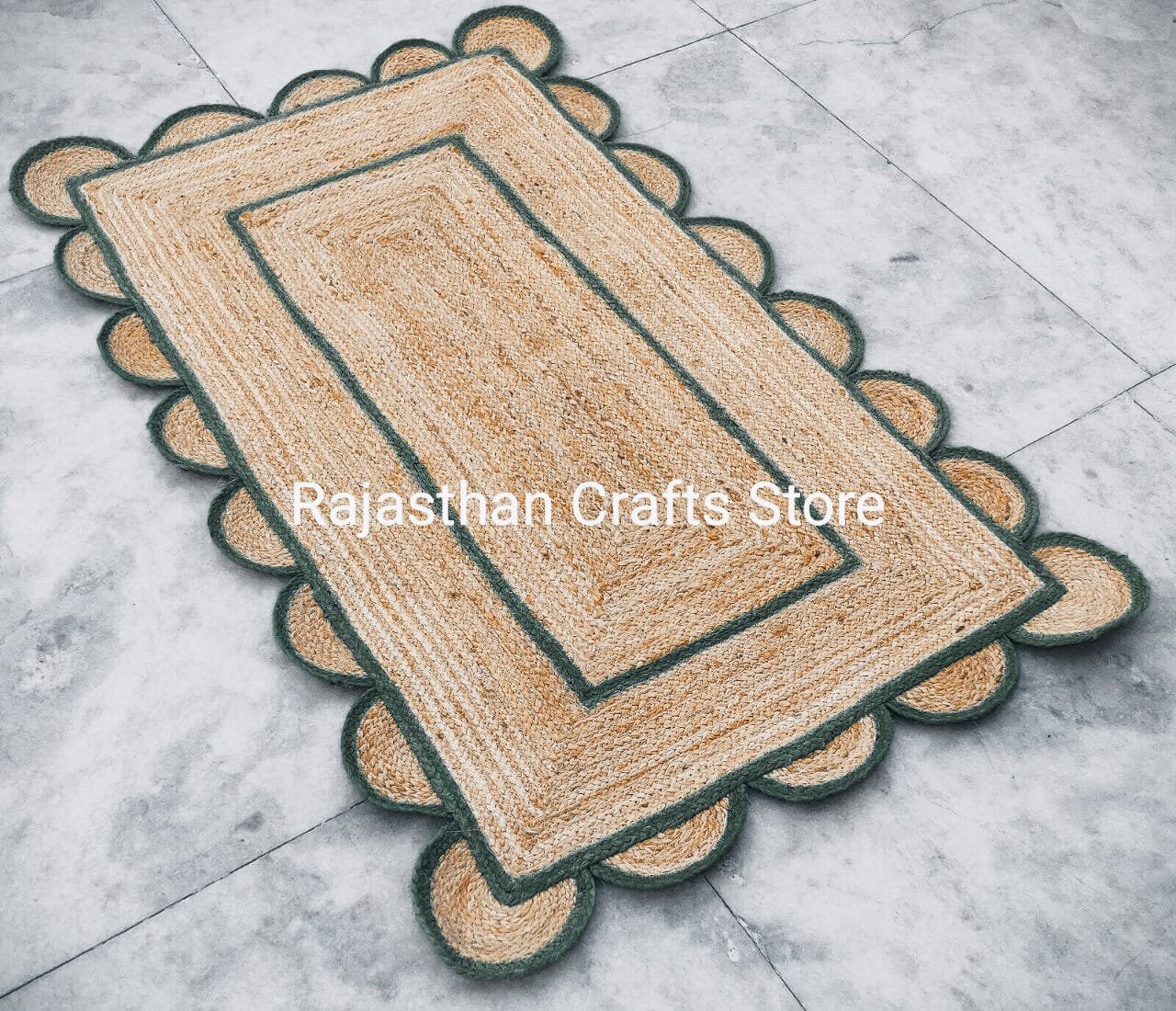 Beautiful Green and Jute Natural Rectangle Scalloped Rug | Etsy