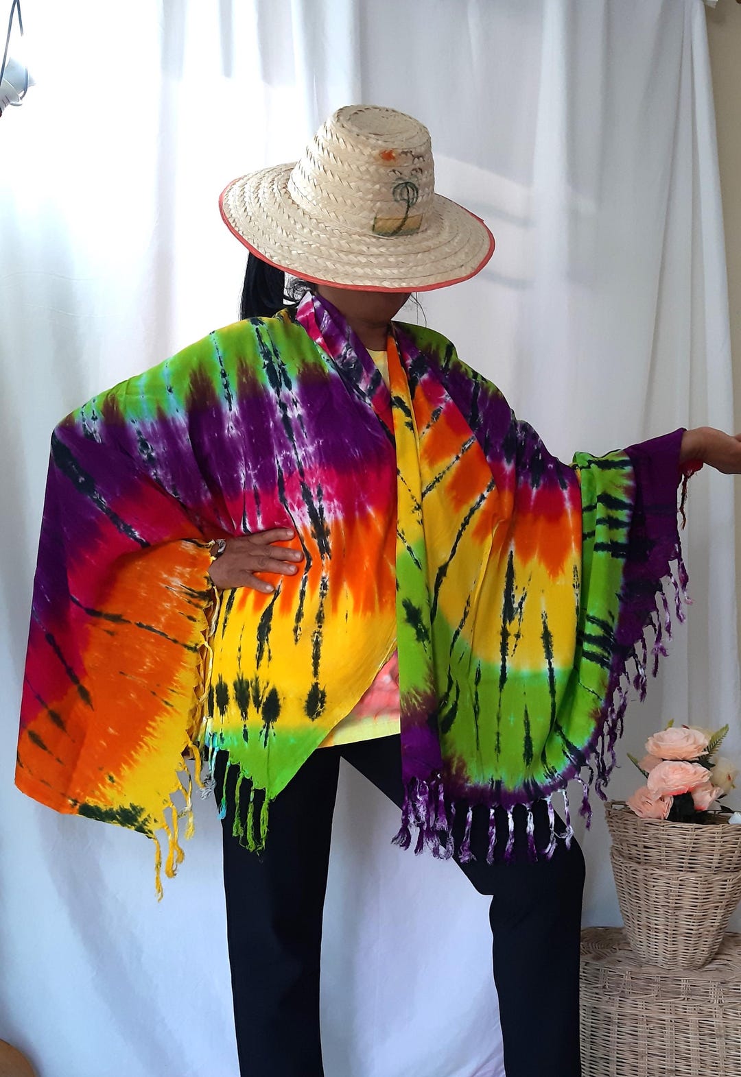 Colorful Tie Dye Sarong, Scarf, Shawl With Fringes Batik Reactive Tie ...