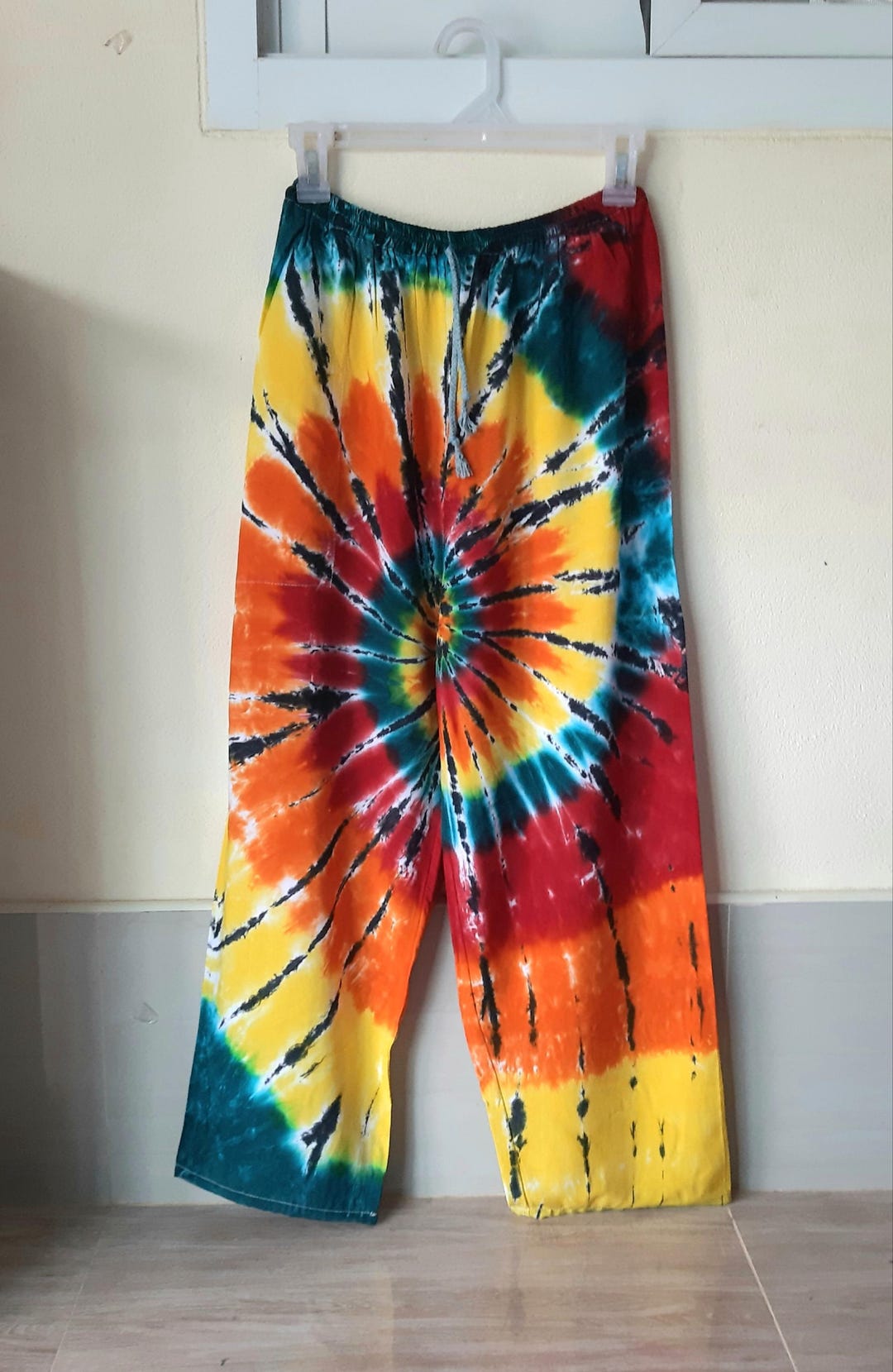 Colorful Tie Dye Rasta Reggae Pants, Boho Hippie Rayon Comfy Drawstring ...