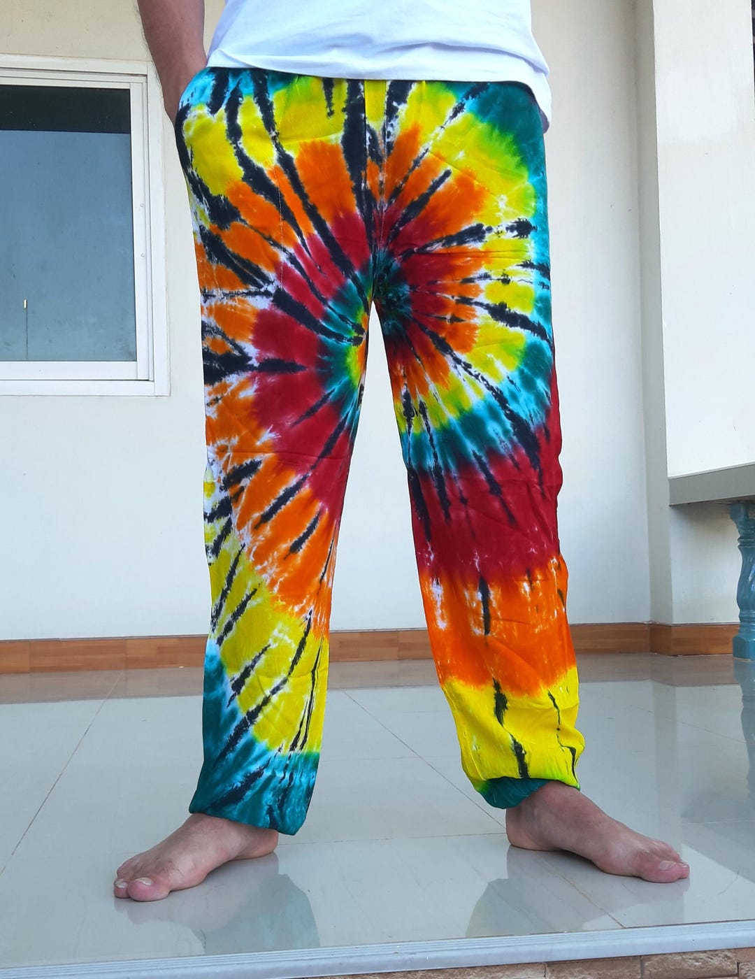 Colorful Tie Dye Rasta Reggae Pants, Boho Hippie Rayon Comfy Drawstring ...