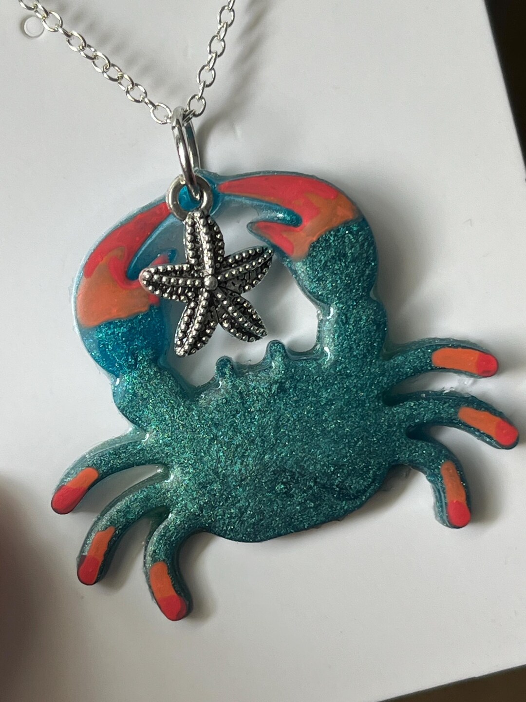 Resin Blue Crab With Metal Starfish Charm Necklace. Nice 18” Silver ...