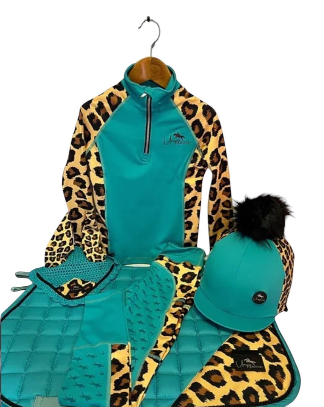 Turquoise Leopard Print Fully Matchy Set Baselayer, Riding Tights ...