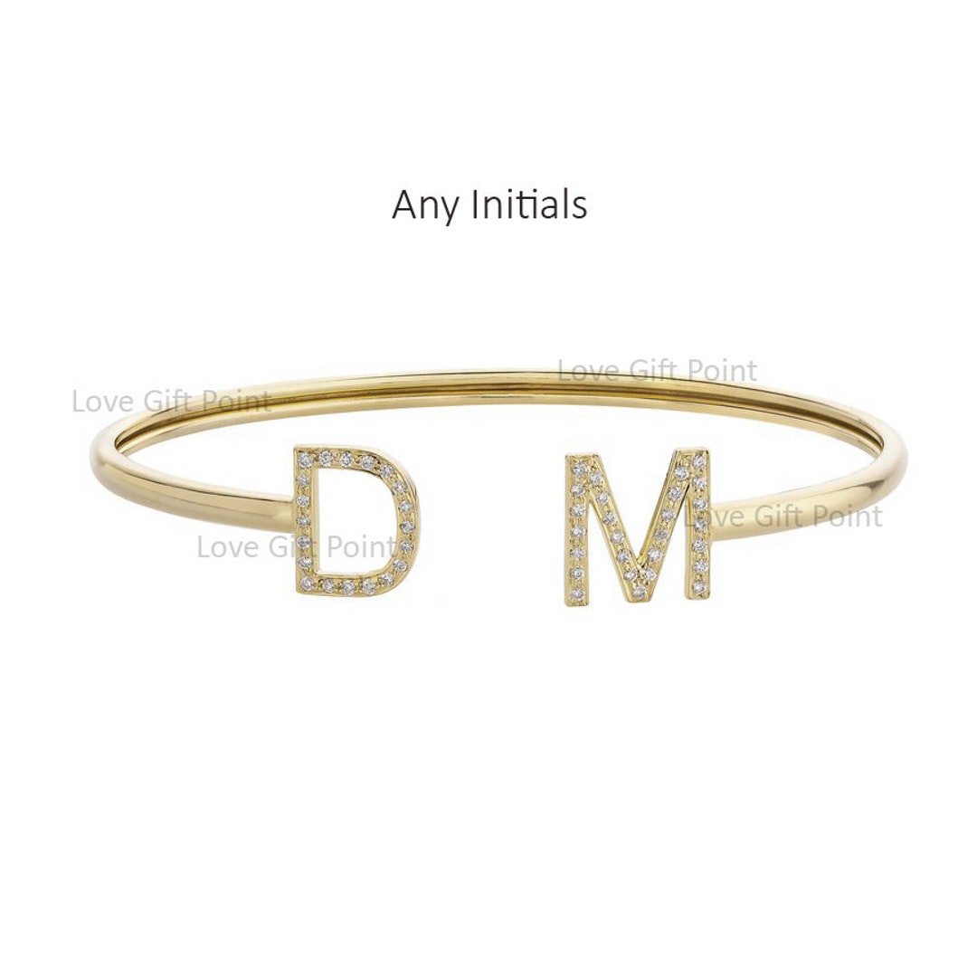 Diamond Initial Cuff Bangle: 14K Yellow Gold Personalized Bracelet - Etsy